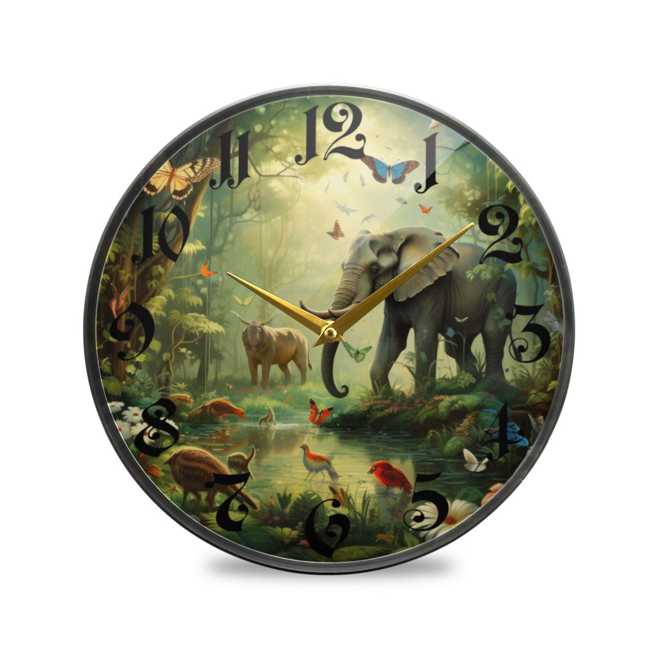 12" Round Silent Wall Clocks Elephant Animals Butterflies in Forest ...