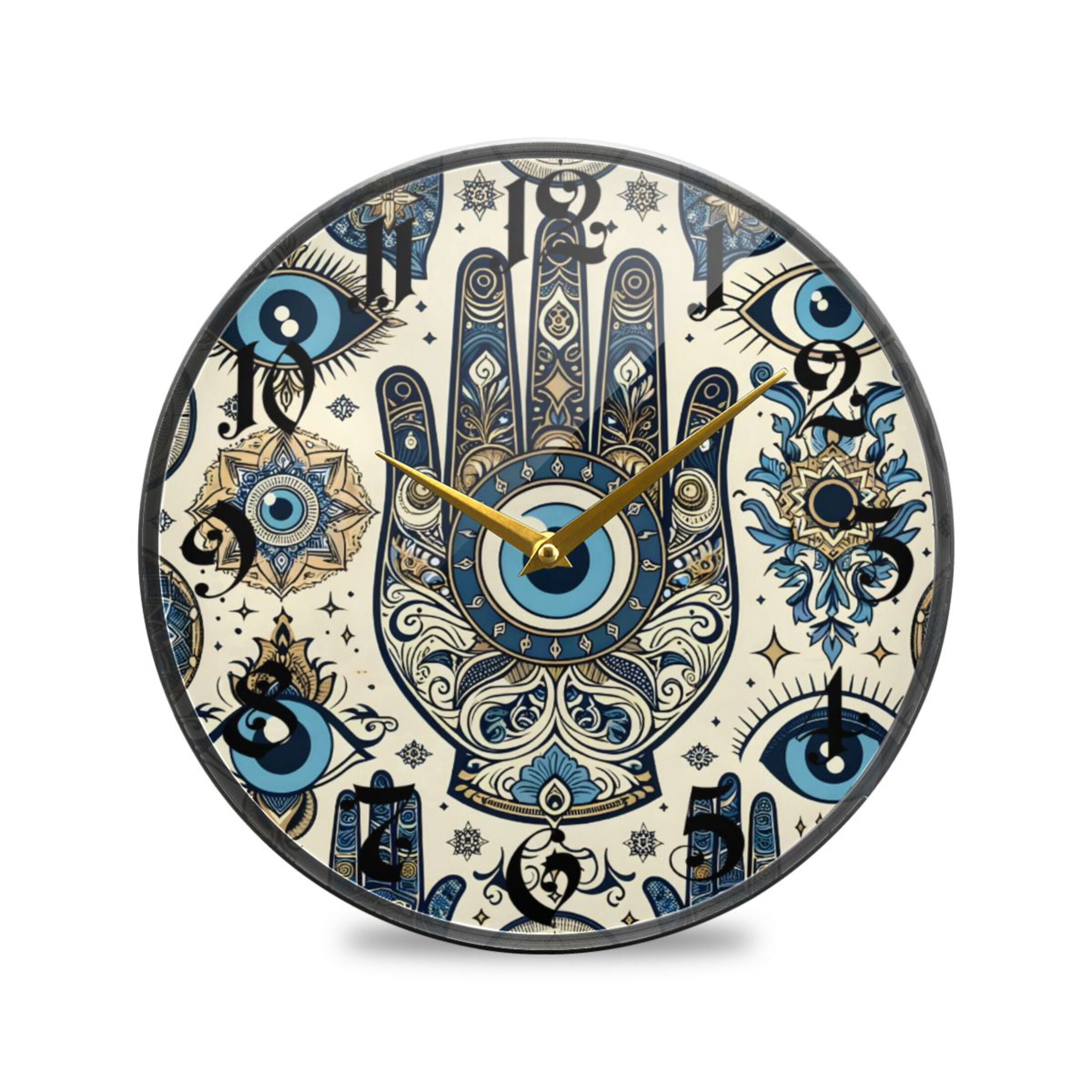 12" Round Silent Wall Clocks Eyes on Boho Hands Acrylic Battery ...