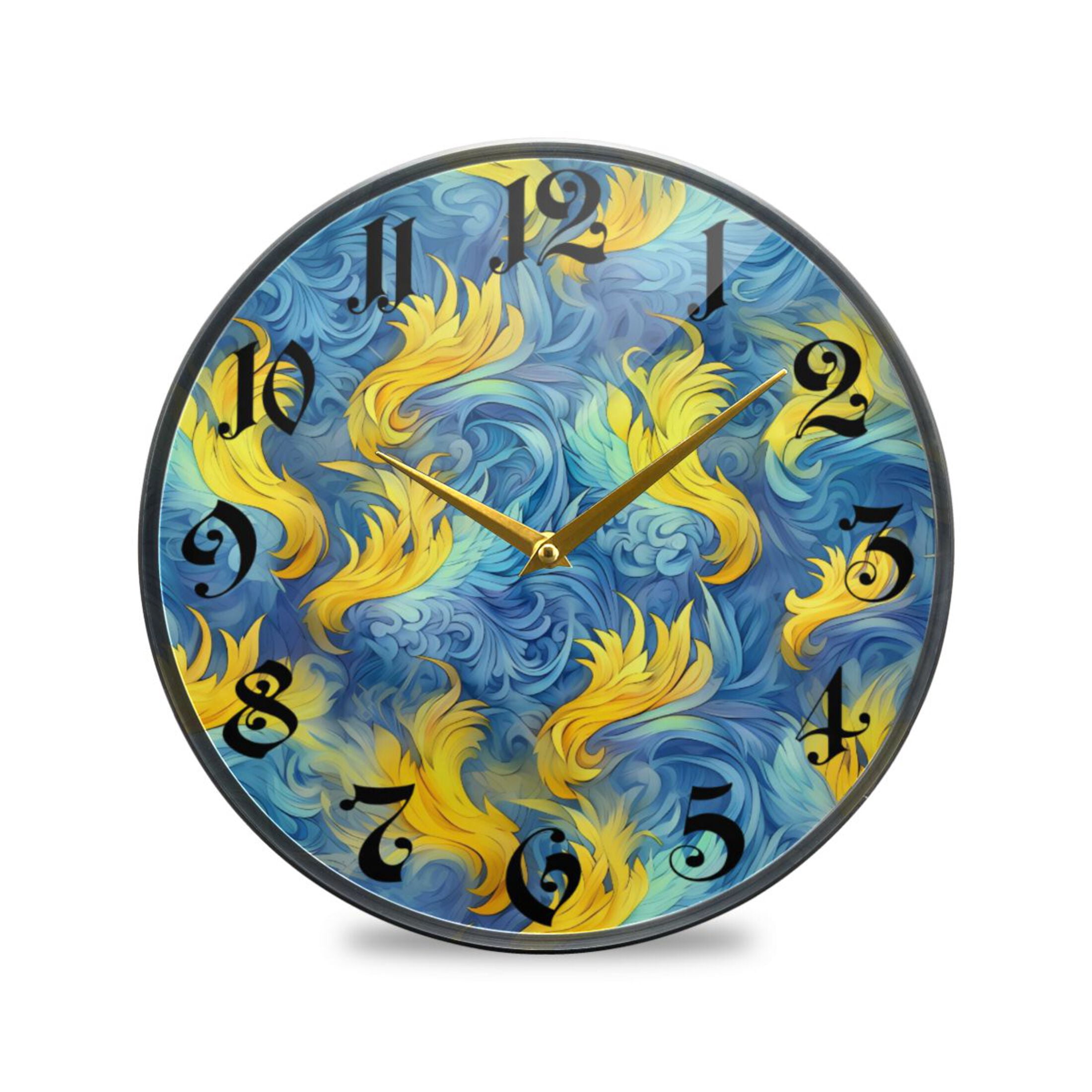 12" Round Silent Wall Clocks Feathers Yellow and Blue Acrylic Battery ...