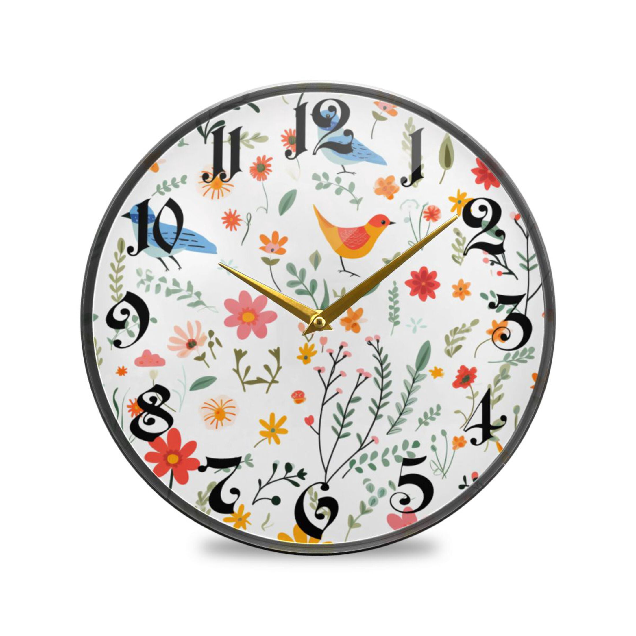 12" Round Silent Wall Clocks Floral Birds and Leaves Acrylic Battery ...