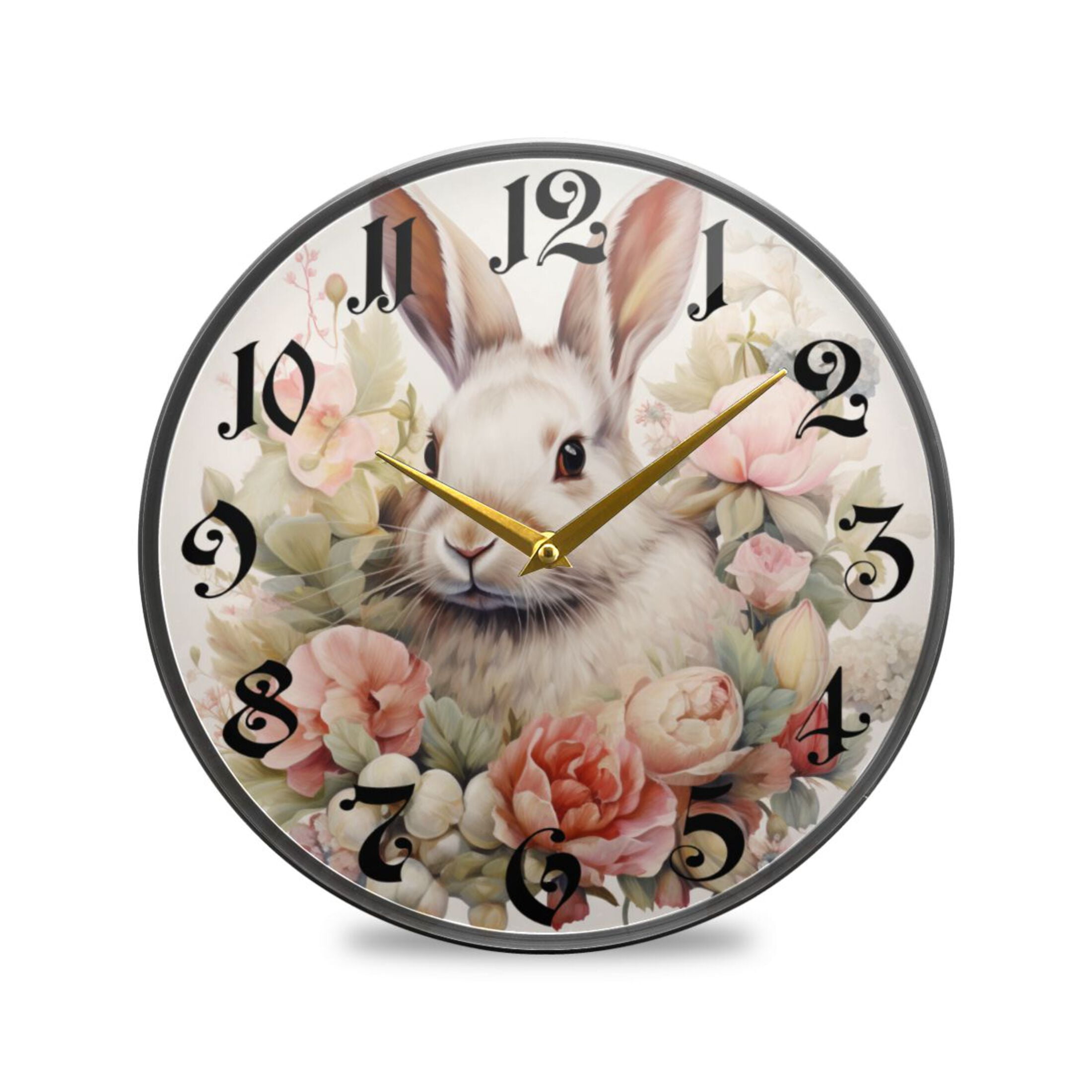 12" Round Silent Wall Clocks Floral on Rabbit Acrylic Battery Operated ...
