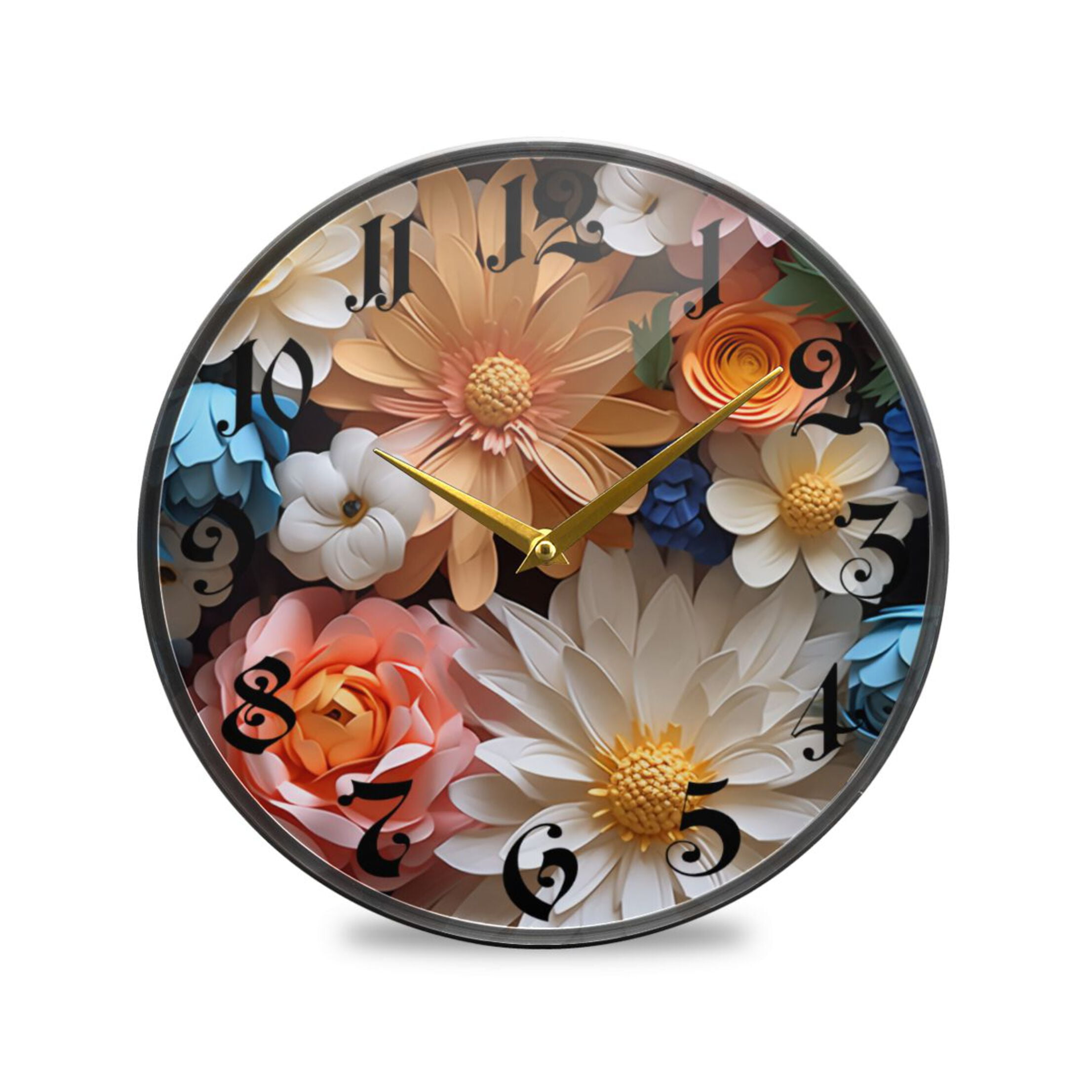 12" Round Silent Wall Clocks Flowers Acrylic Battery Operated Clock Non ...