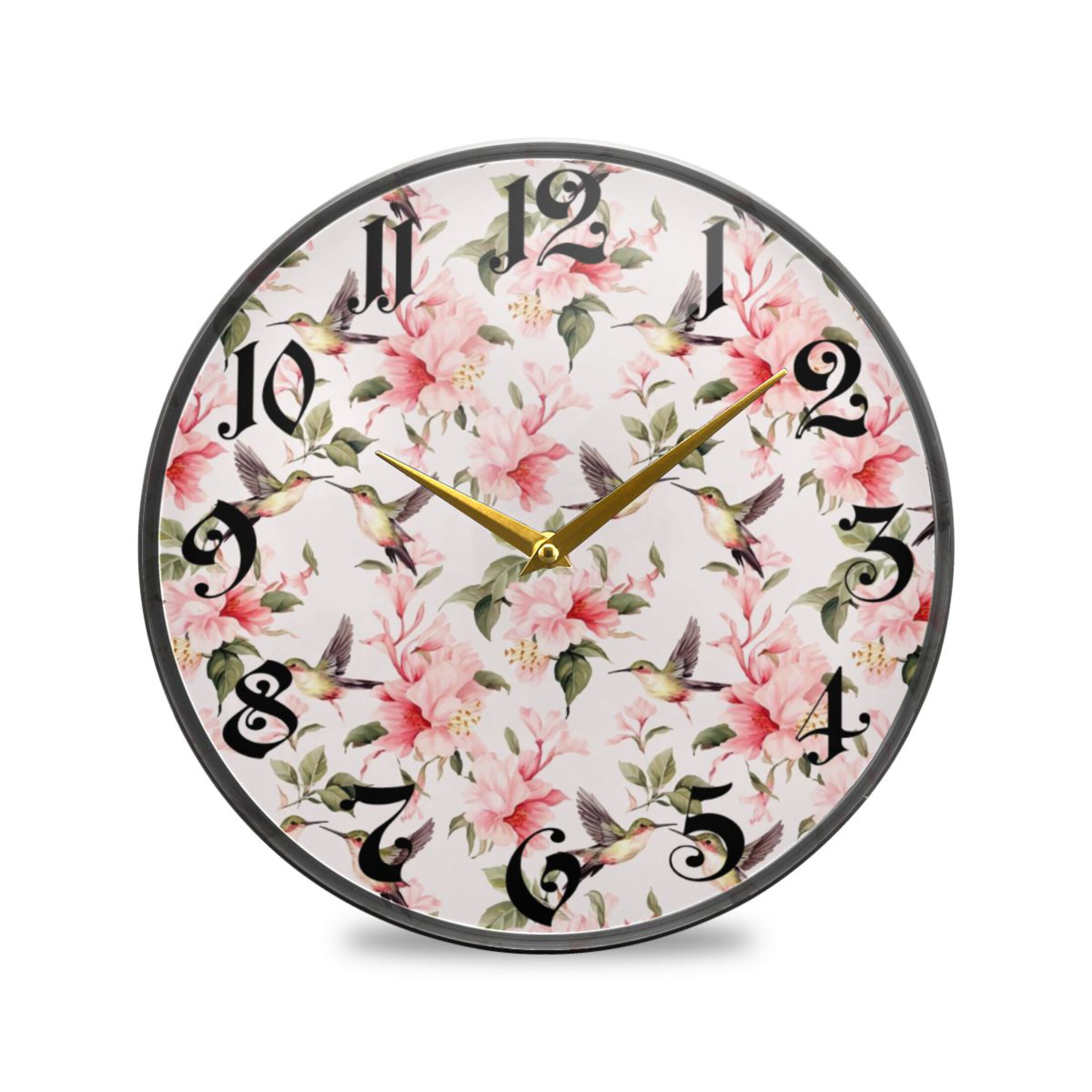 12" Round Silent Wall Clocks Flowers Hibiscus and Birds Acrylic Battery ...