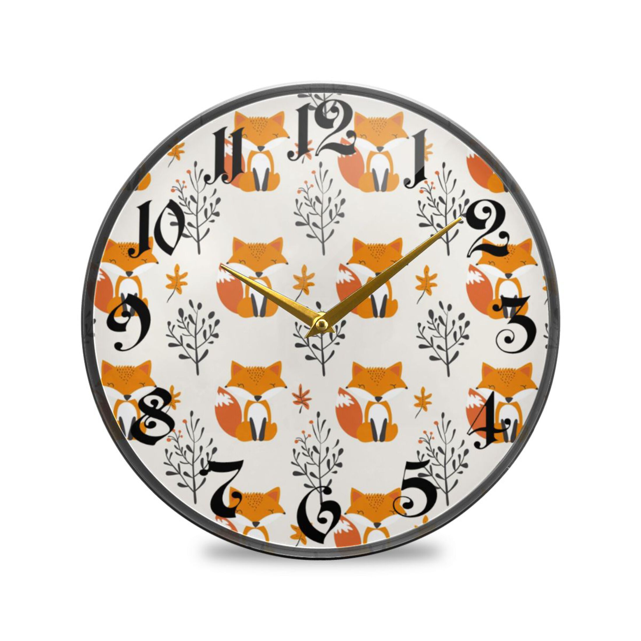 12" Round Silent Wall Clocks Fox and Leaves Acrylic Battery Operated ...