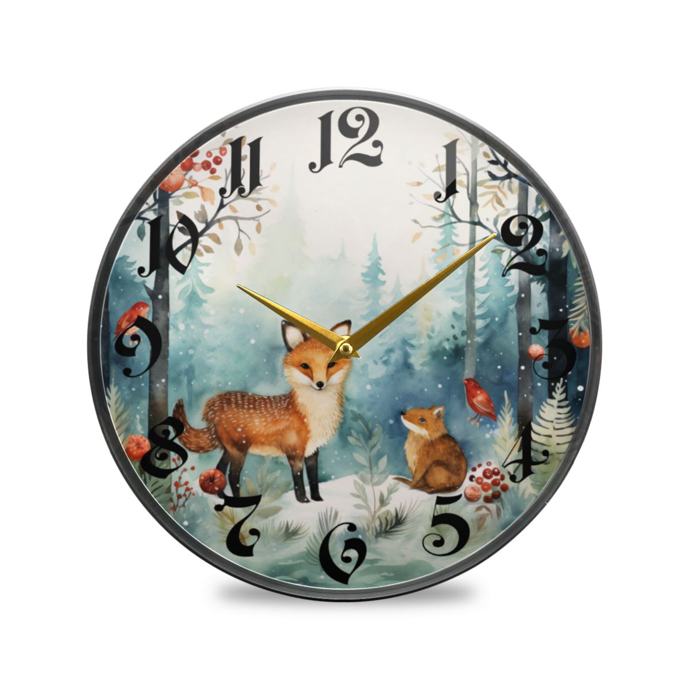 12" Round Silent Wall Clocks Fox in Forest Acrylic Battery Operated ...