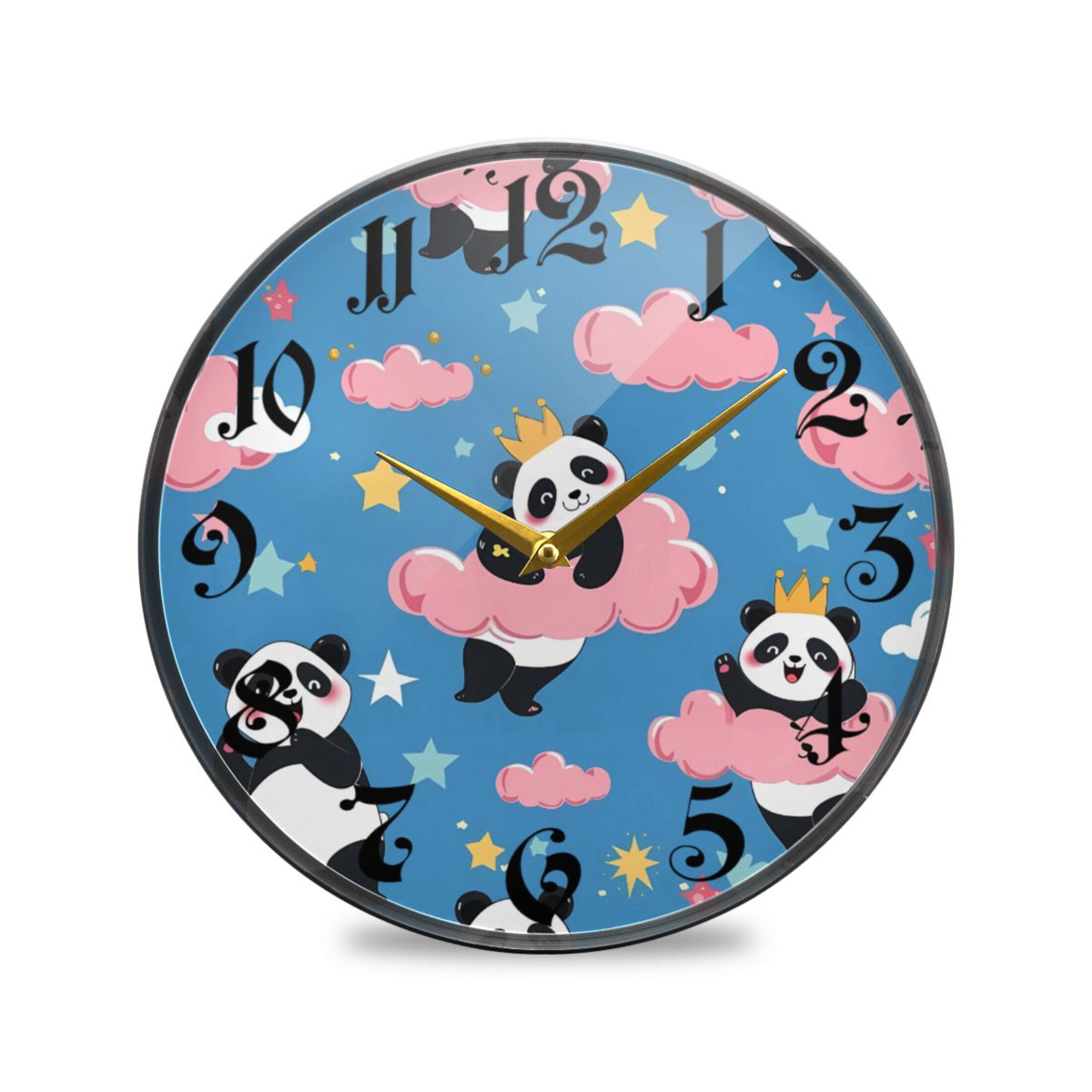 12" Round Silent Wall Clocks Funny Pandas and Cloud Acrylic Battery ...