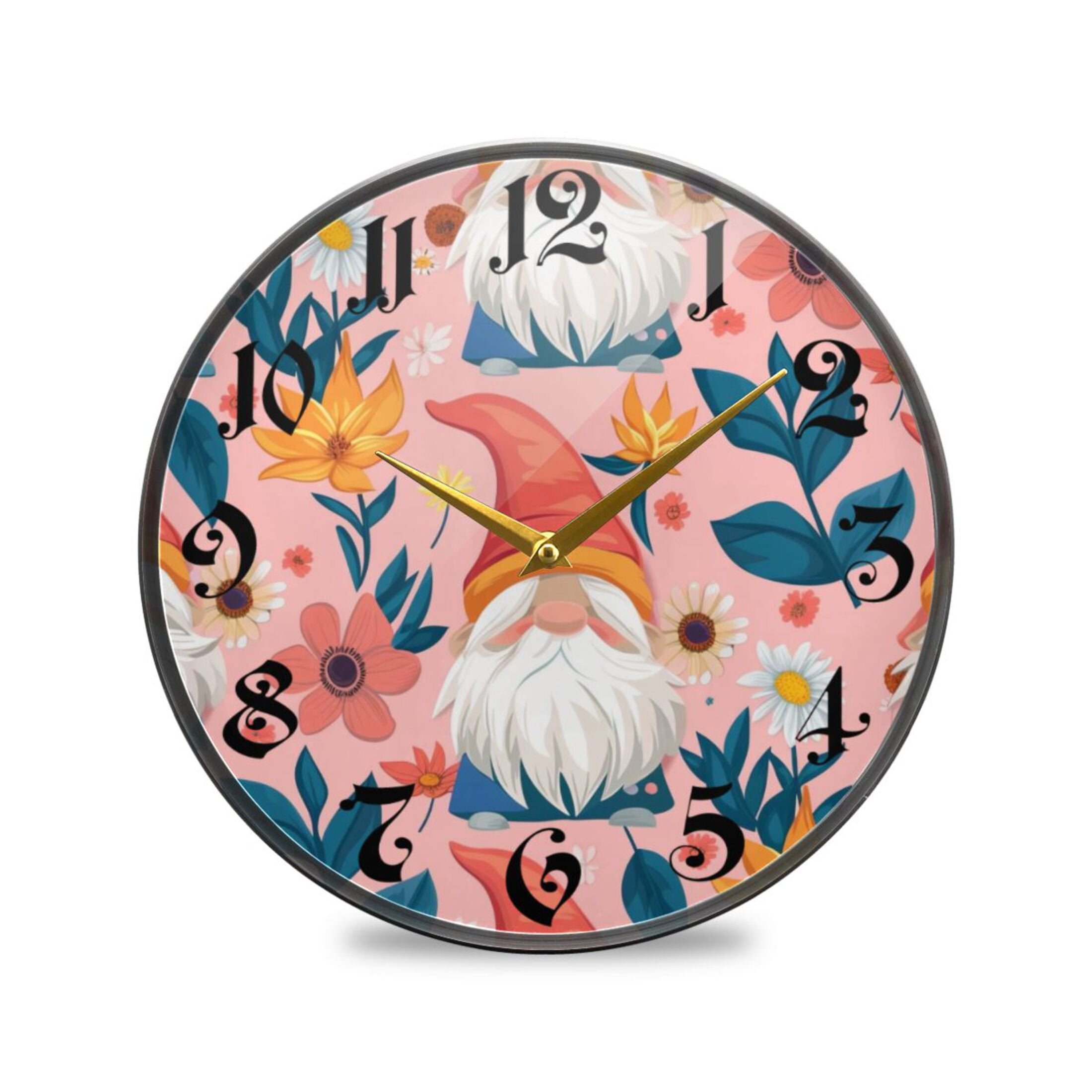12" Round Silent Wall Clocks Gnomes and Leaves Acrylic Battery Operated ...