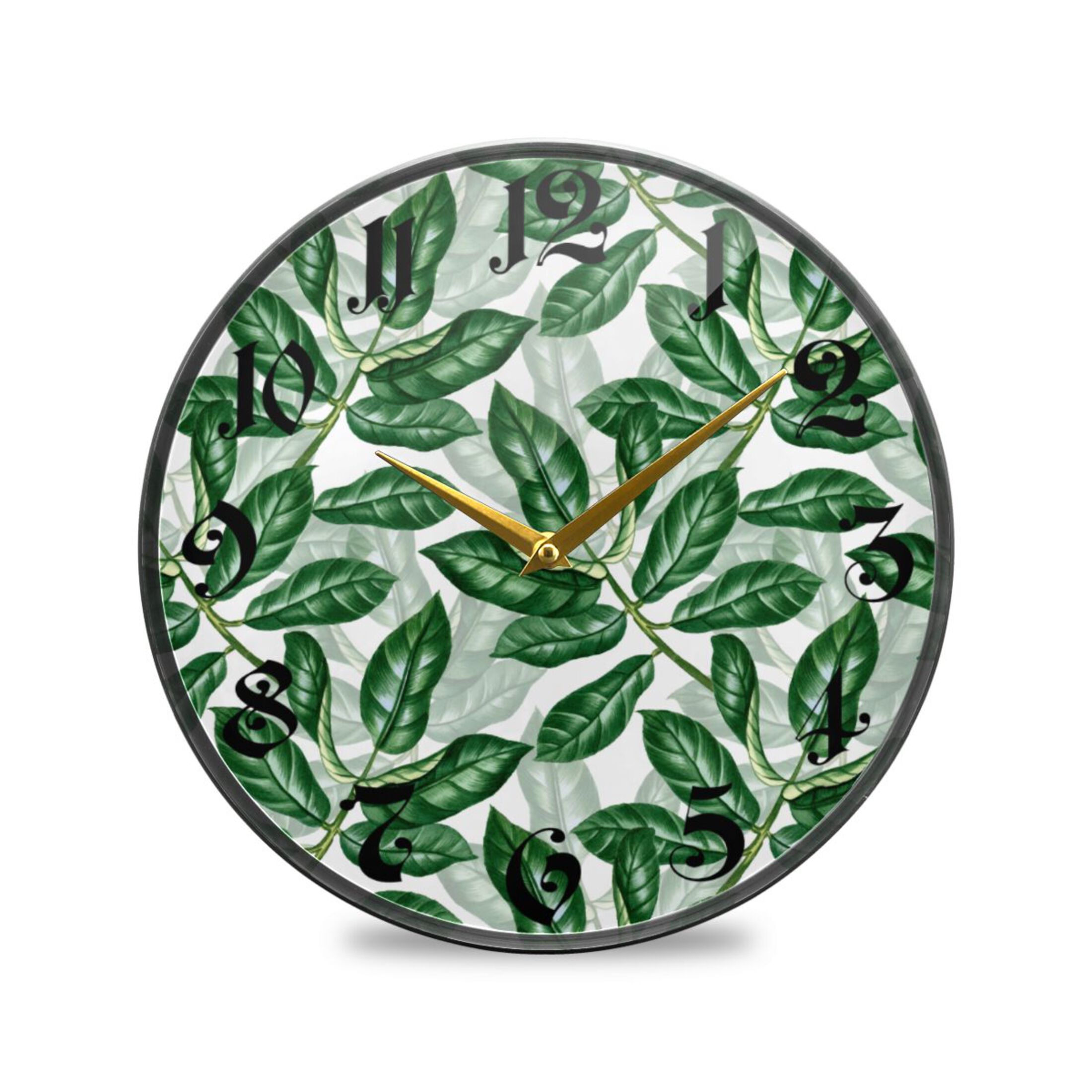 12" Round Silent Wall Clocks Green Leaves Botanical Acrylic Battery ...