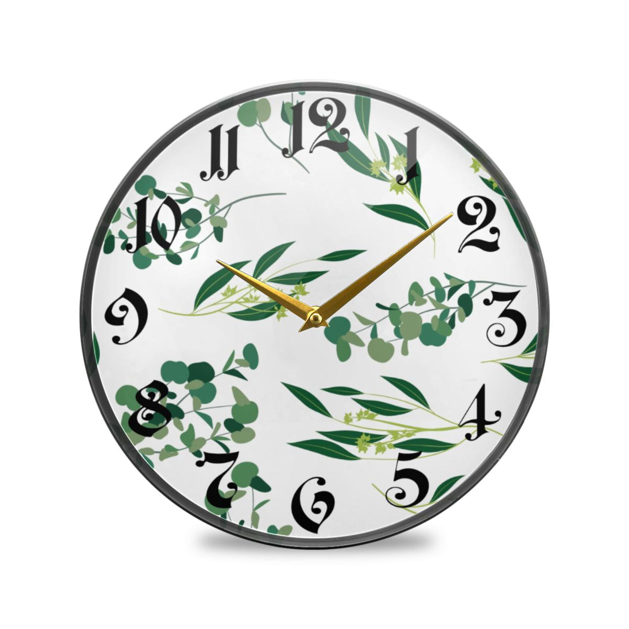 12" Round Silent Wall Clocks Green Leaves Tropical Acrylic Battery ...