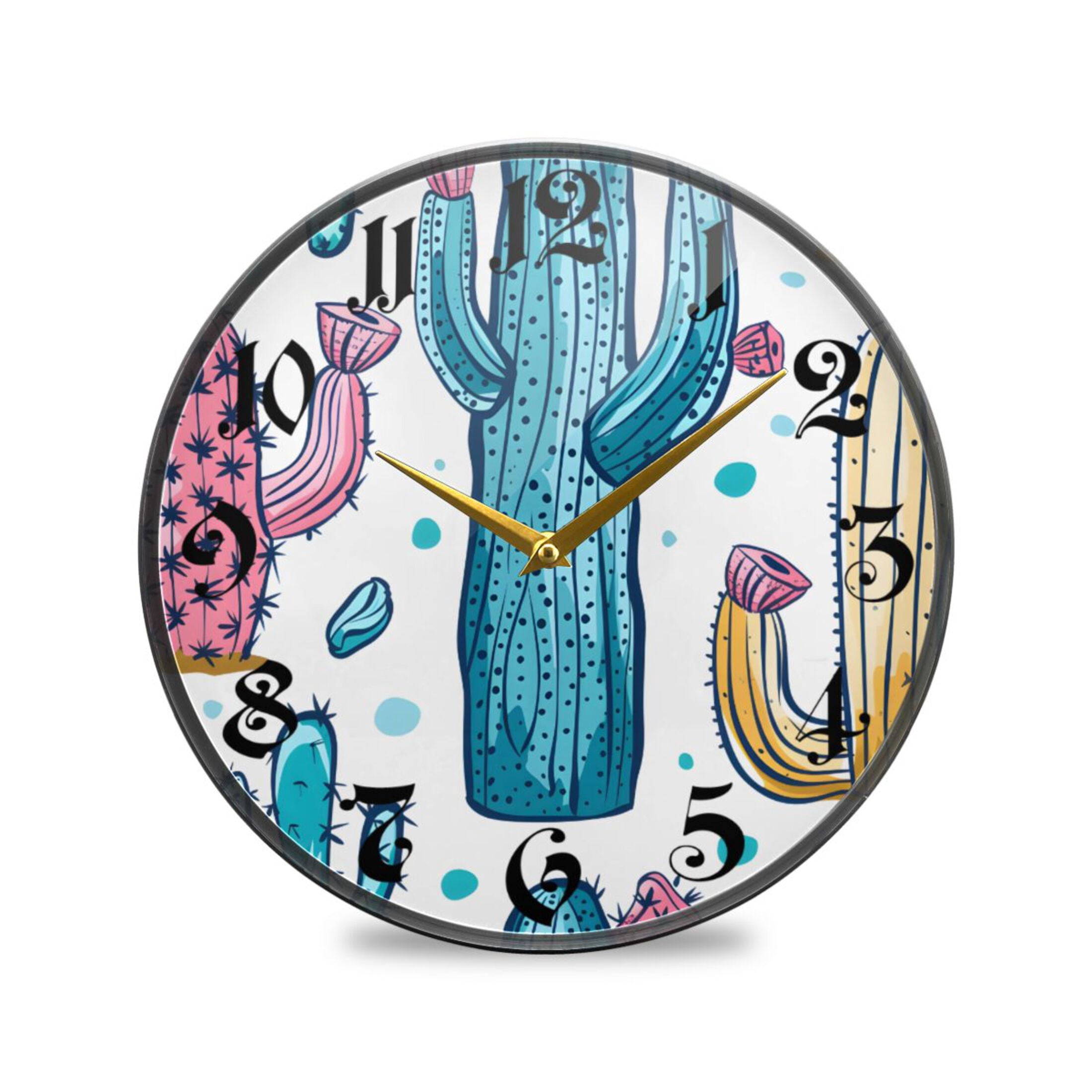 12" Round Silent Wall Clocks Hand Drawn Cactus Acrylic Battery Operated ...