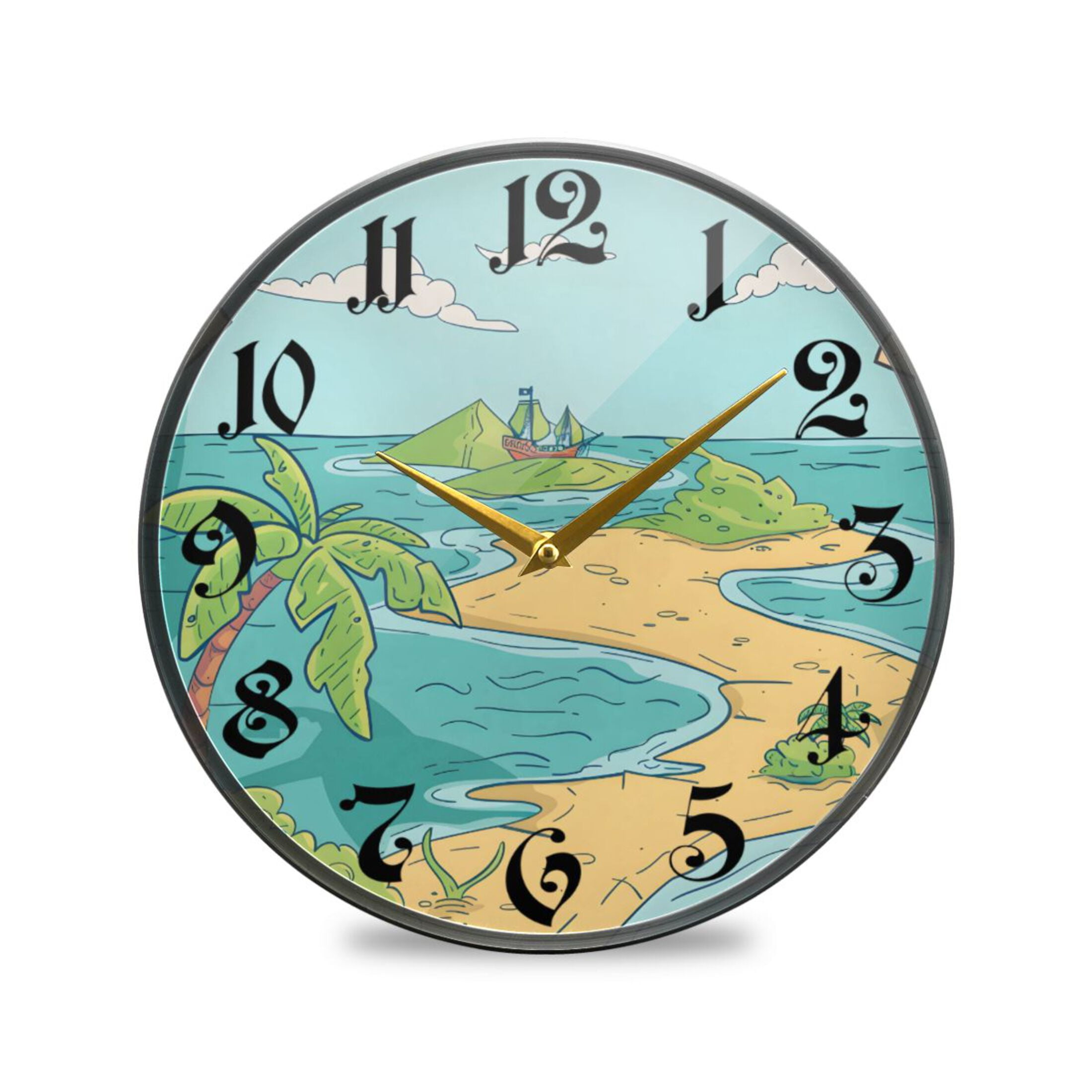 12" Round Silent Wall Clocks Island Map and Sea Acrylic Battery ...