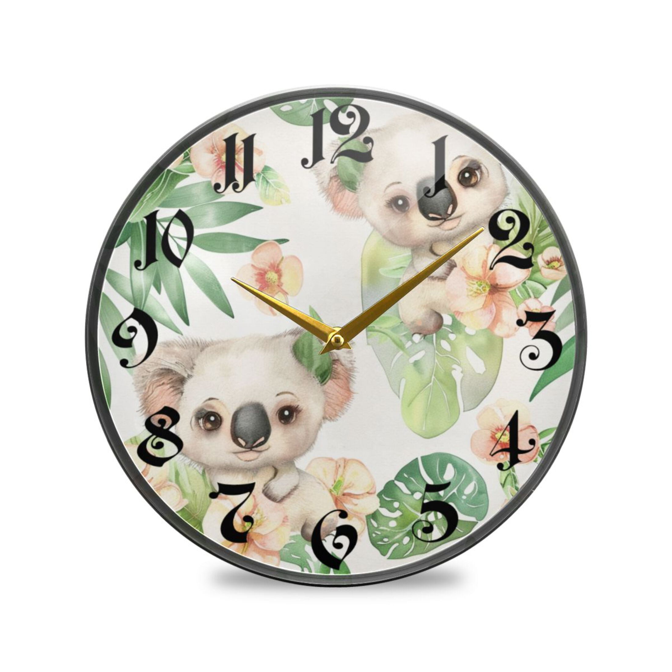 12" Round Silent Wall Clocks Koala in Palm Leaves Acrylic Battery ...