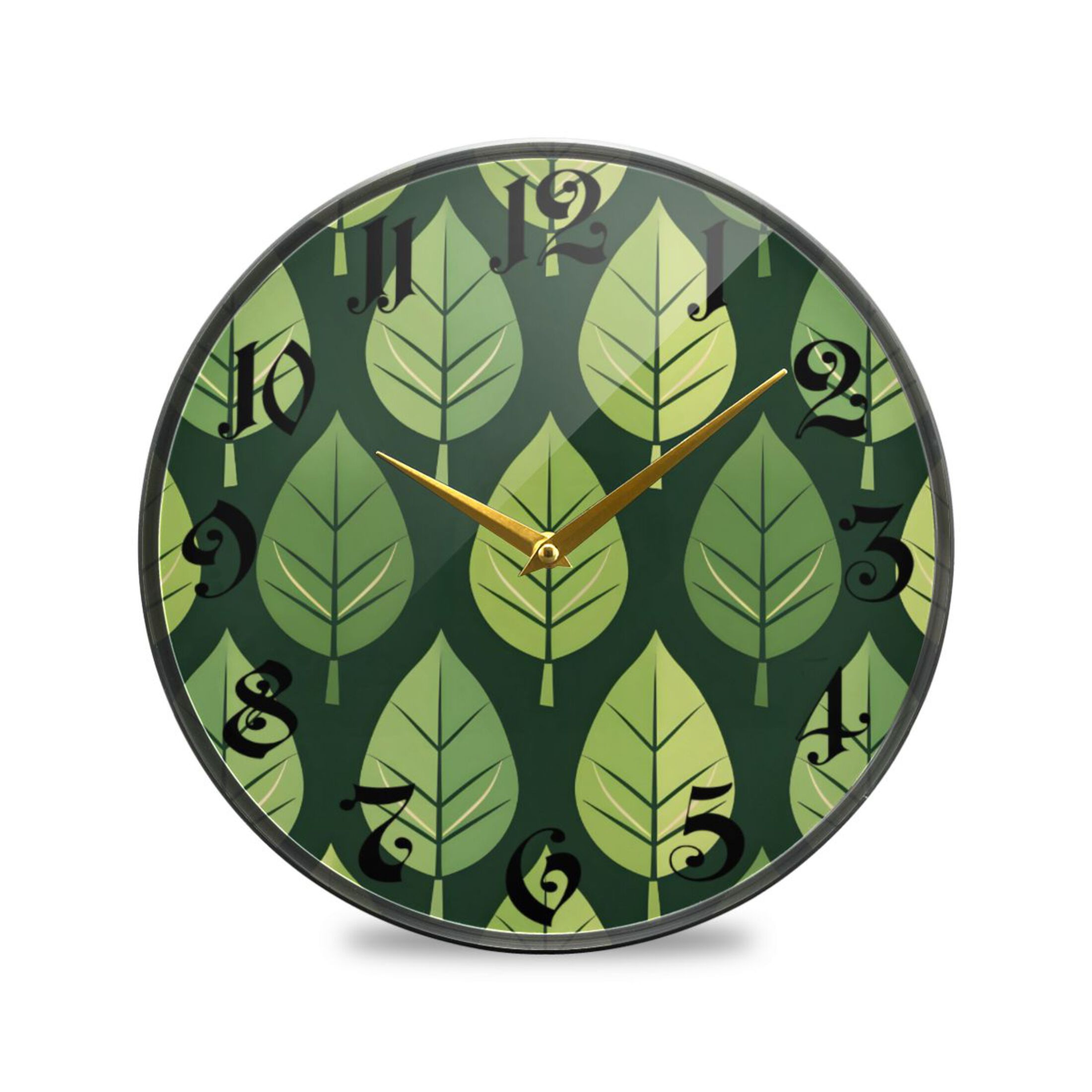 12" Round Silent Wall Clocks Leaf Print Acrylic Battery Operated Clock Non-Ticking Clocks ...