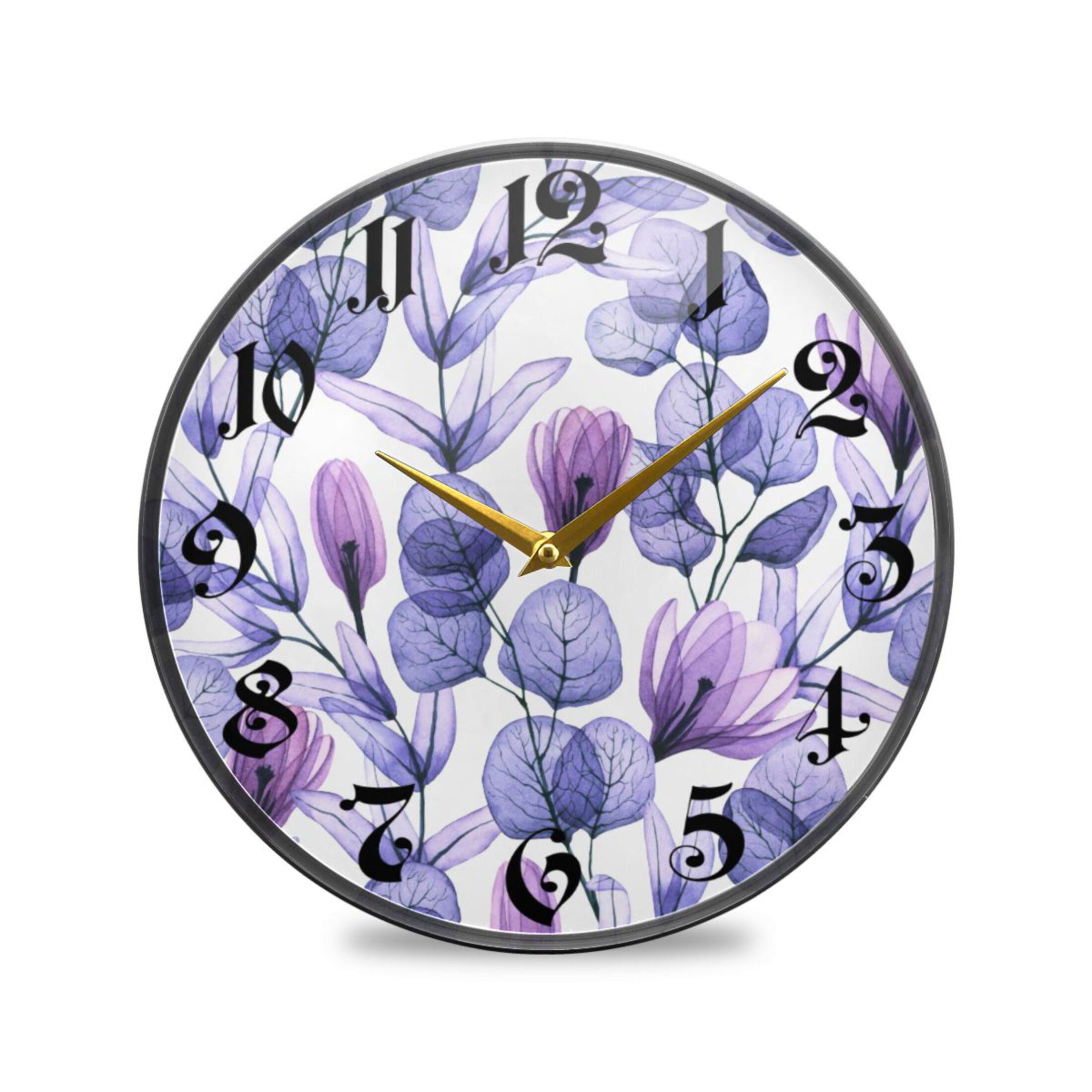12" Round Silent Wall Clocks Leaves and Flowers Purple Acrylic Battery ...