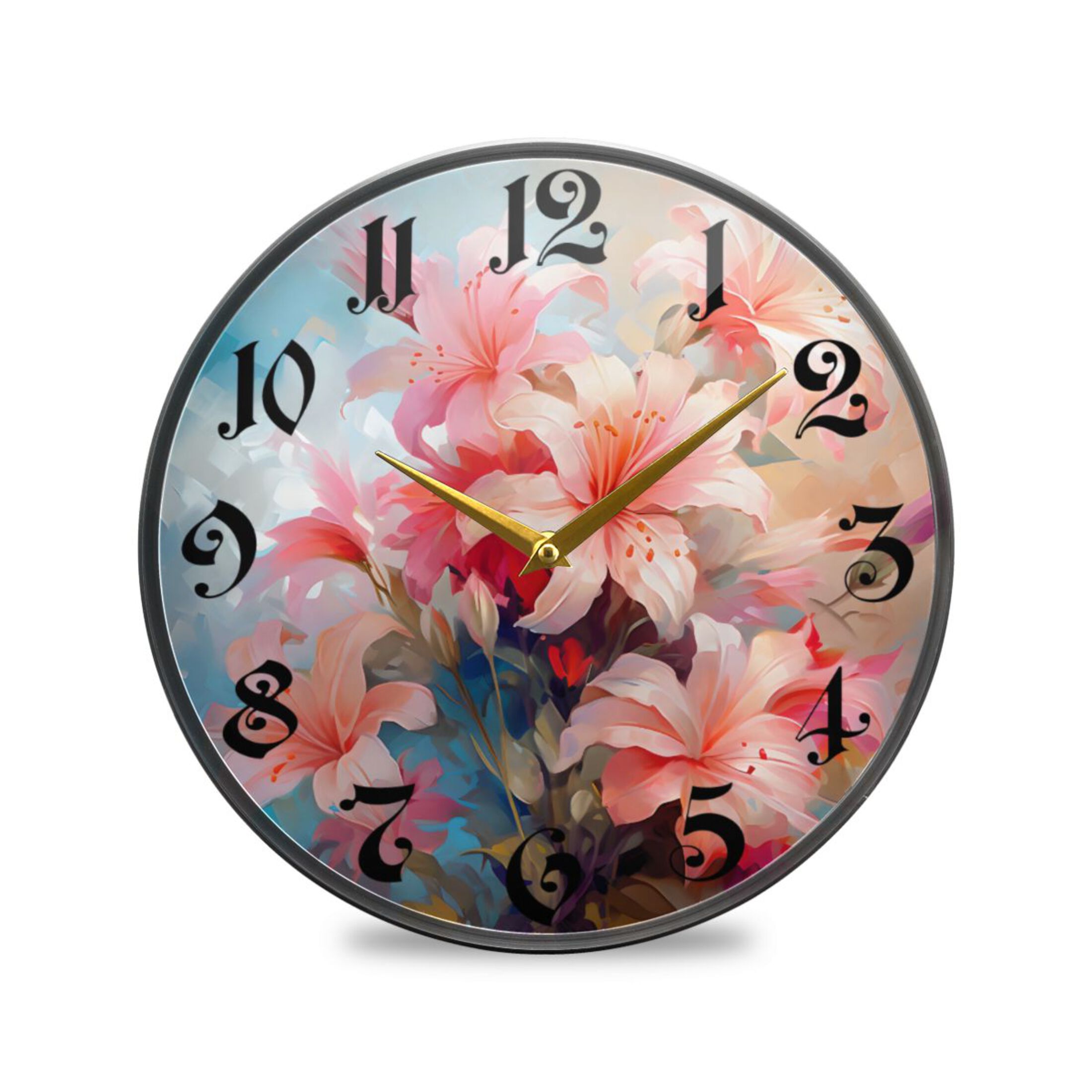 12" Round Silent Wall Clocks Lily Flowers Pink Acrylic Battery Operated ...