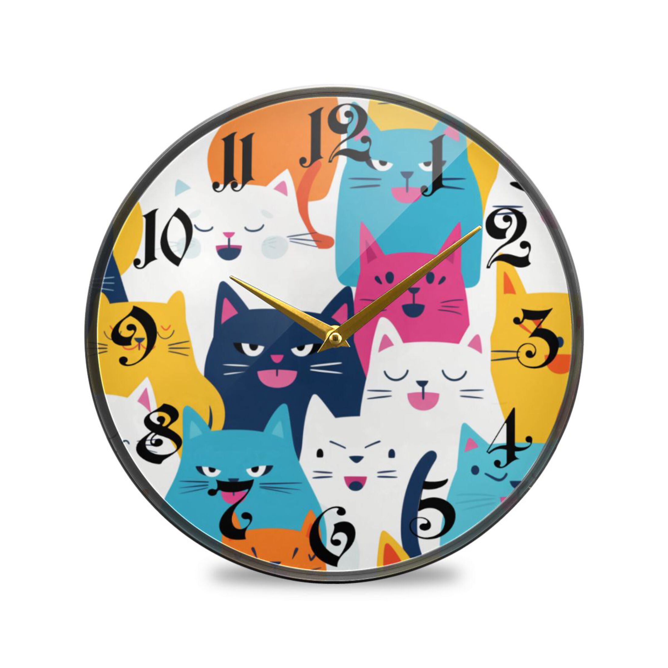 12" Round Silent Wall Clocks Multi Cats Acrylic Battery Operated Clock ...