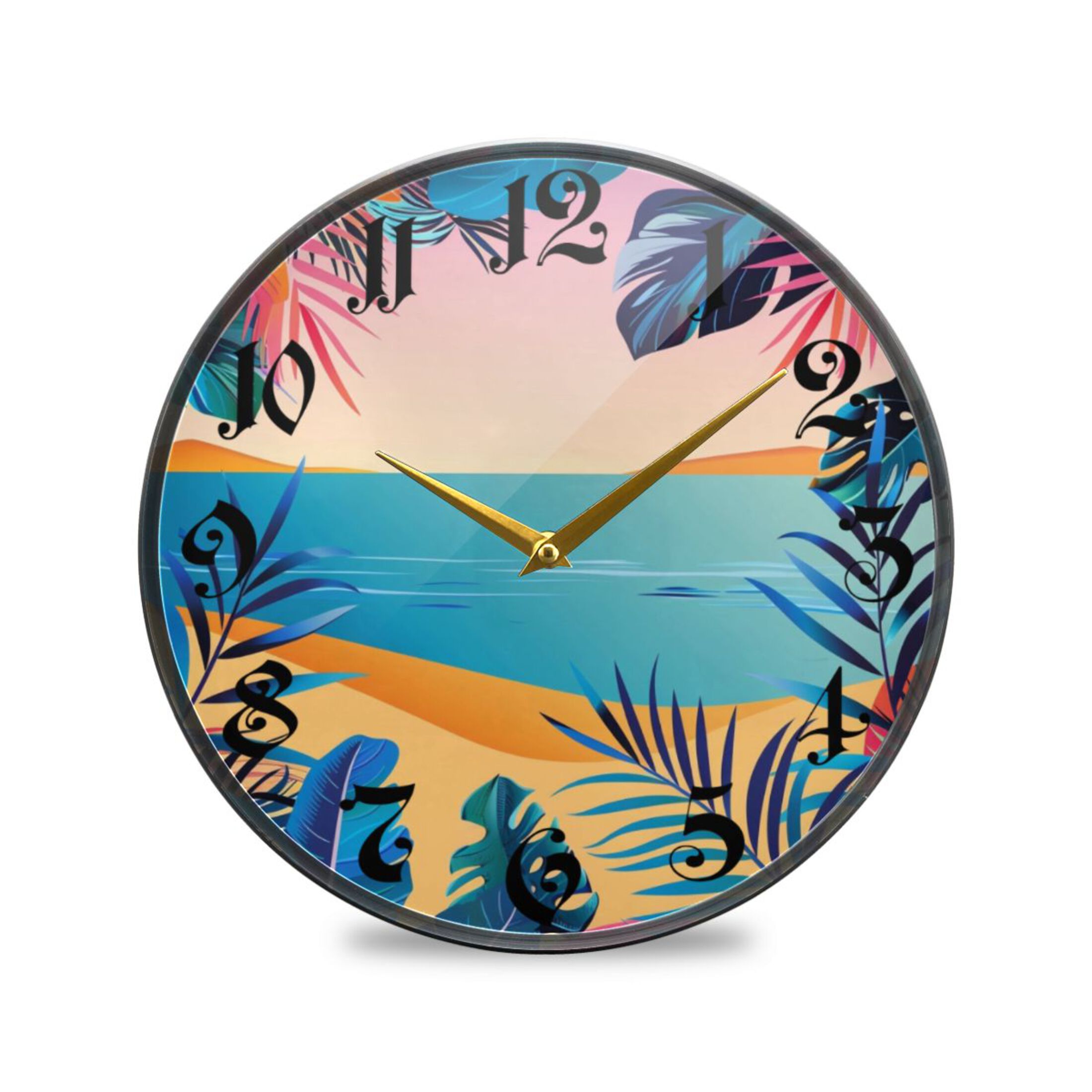 12" Round Silent Wall Clocks Palm Leaf and Sea Acrylic Battery Operated Clock Non-Ticking Clocks ...