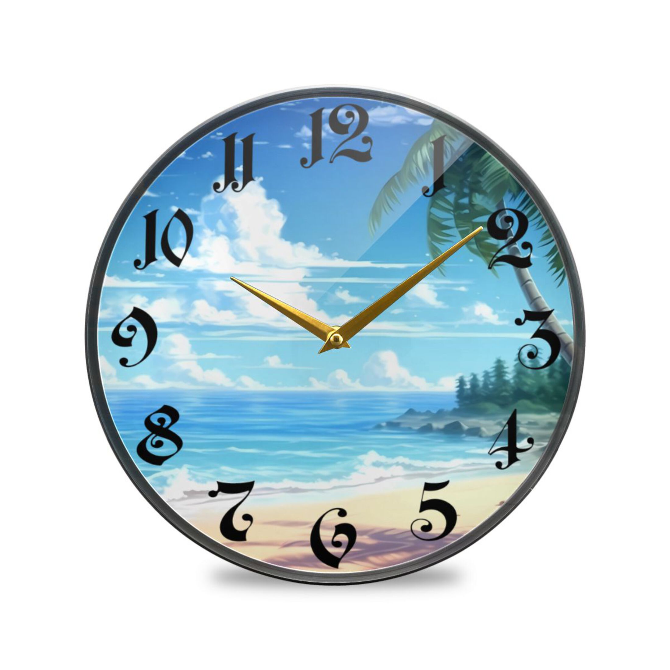 12" Round Silent Wall Clocks Palm Tree Beach Acrylic Battery Operated Clock Non-Ticking Clocks ...