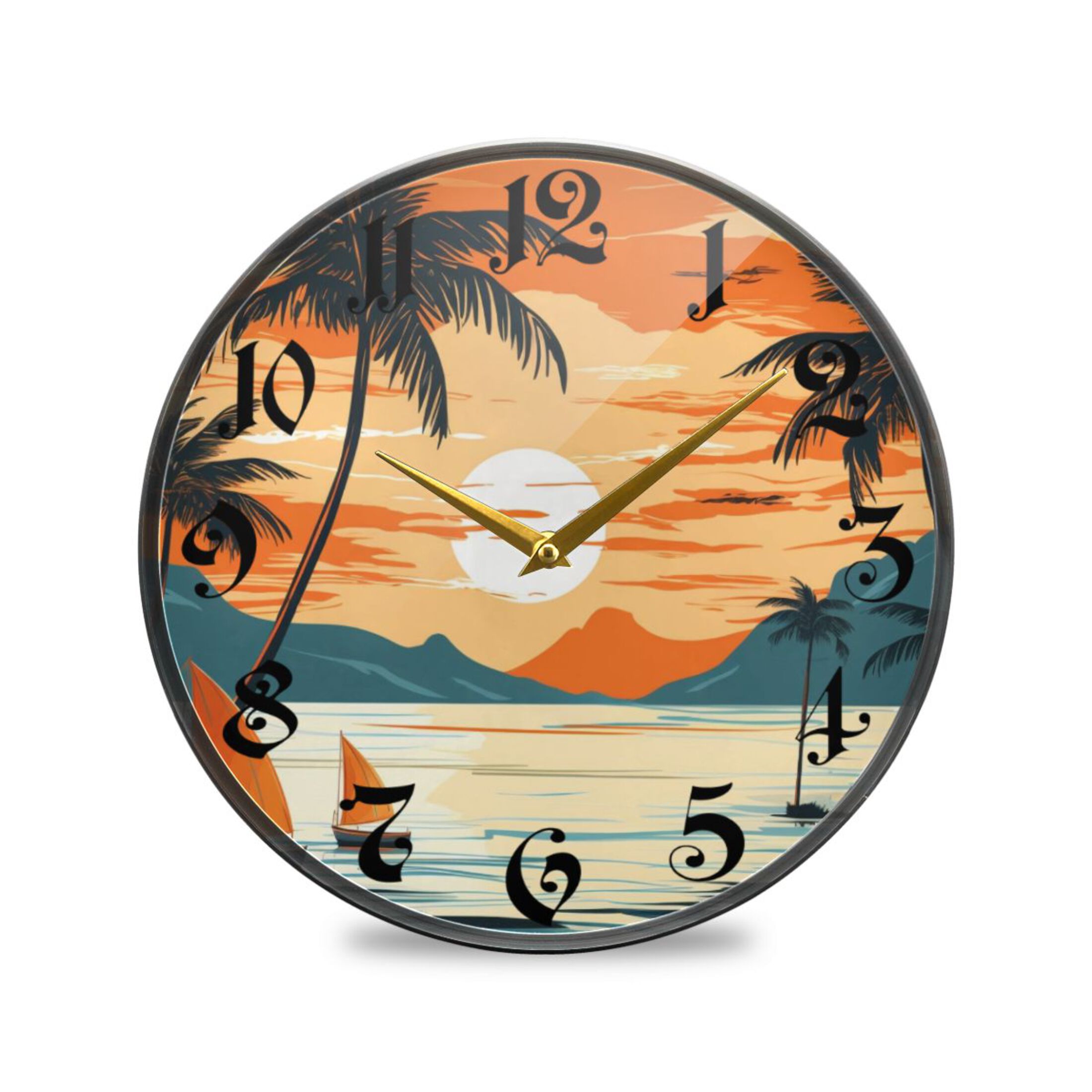 12" Round Silent Wall Clocks Palm Tree Sunset Landscape Acrylic Battery ...