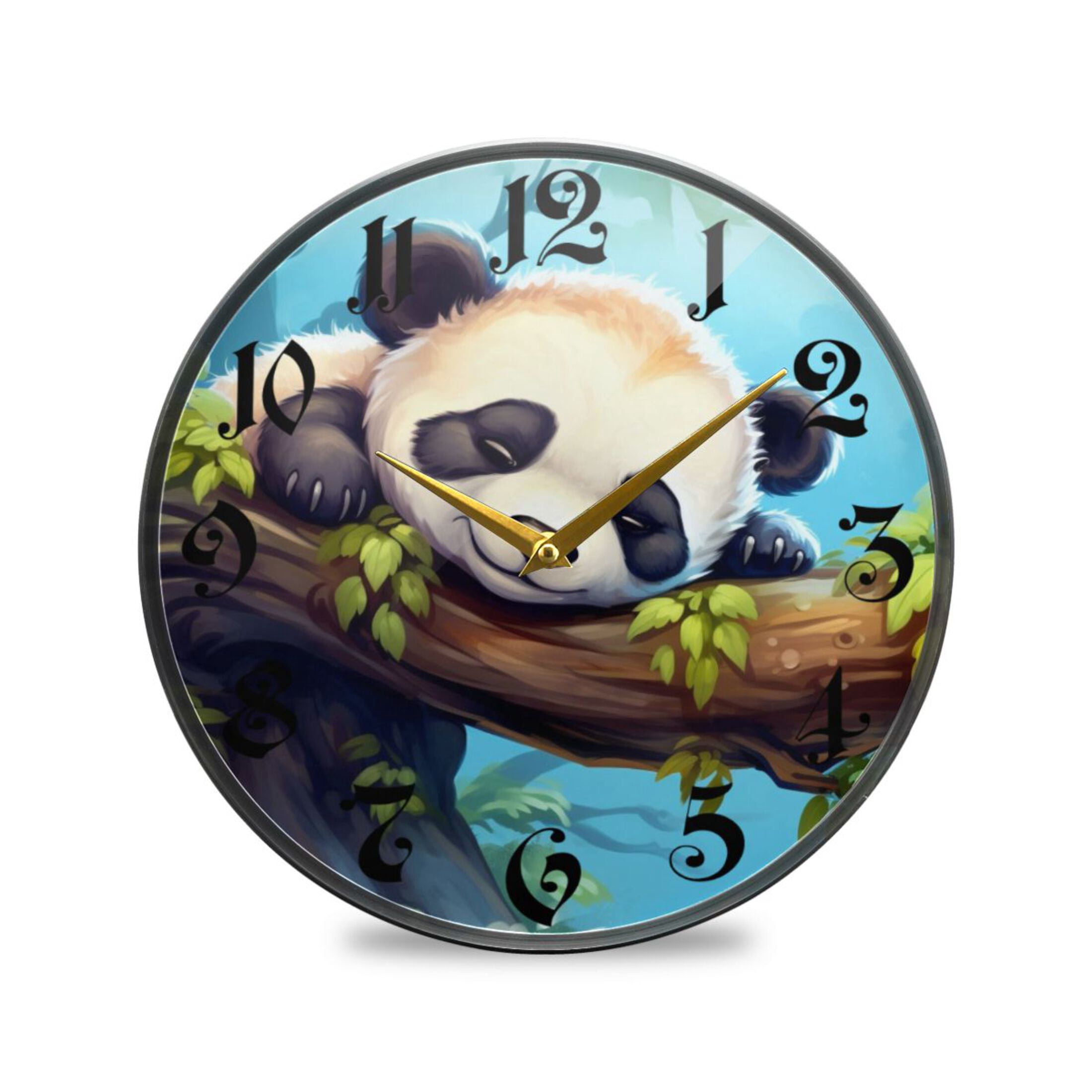 12" Round Silent Wall Clocks Panda Sleep on Tree Acrylic Battery ...