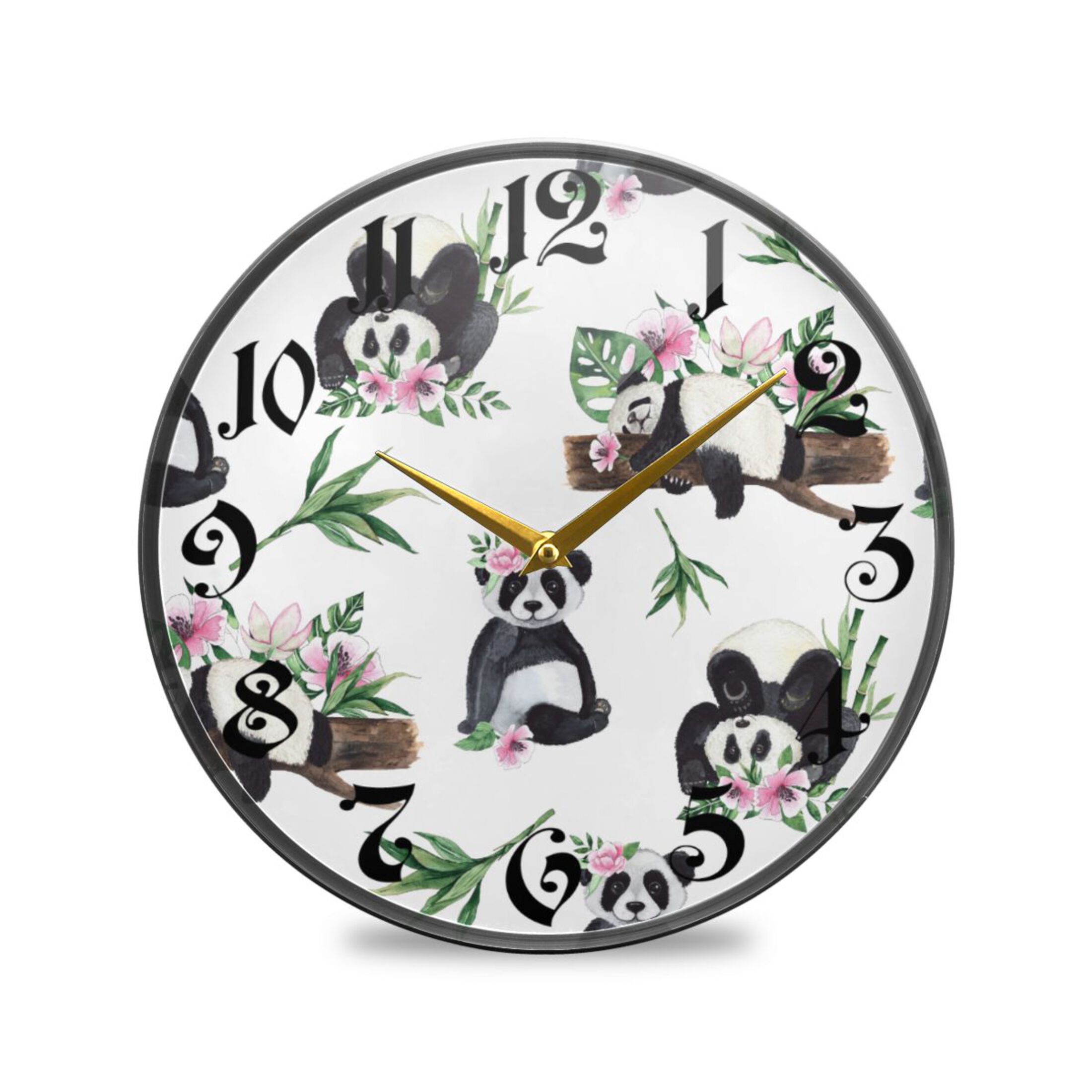 12" Round Silent Wall Clocks Pandas and Tropical Flowers Acrylic ...
