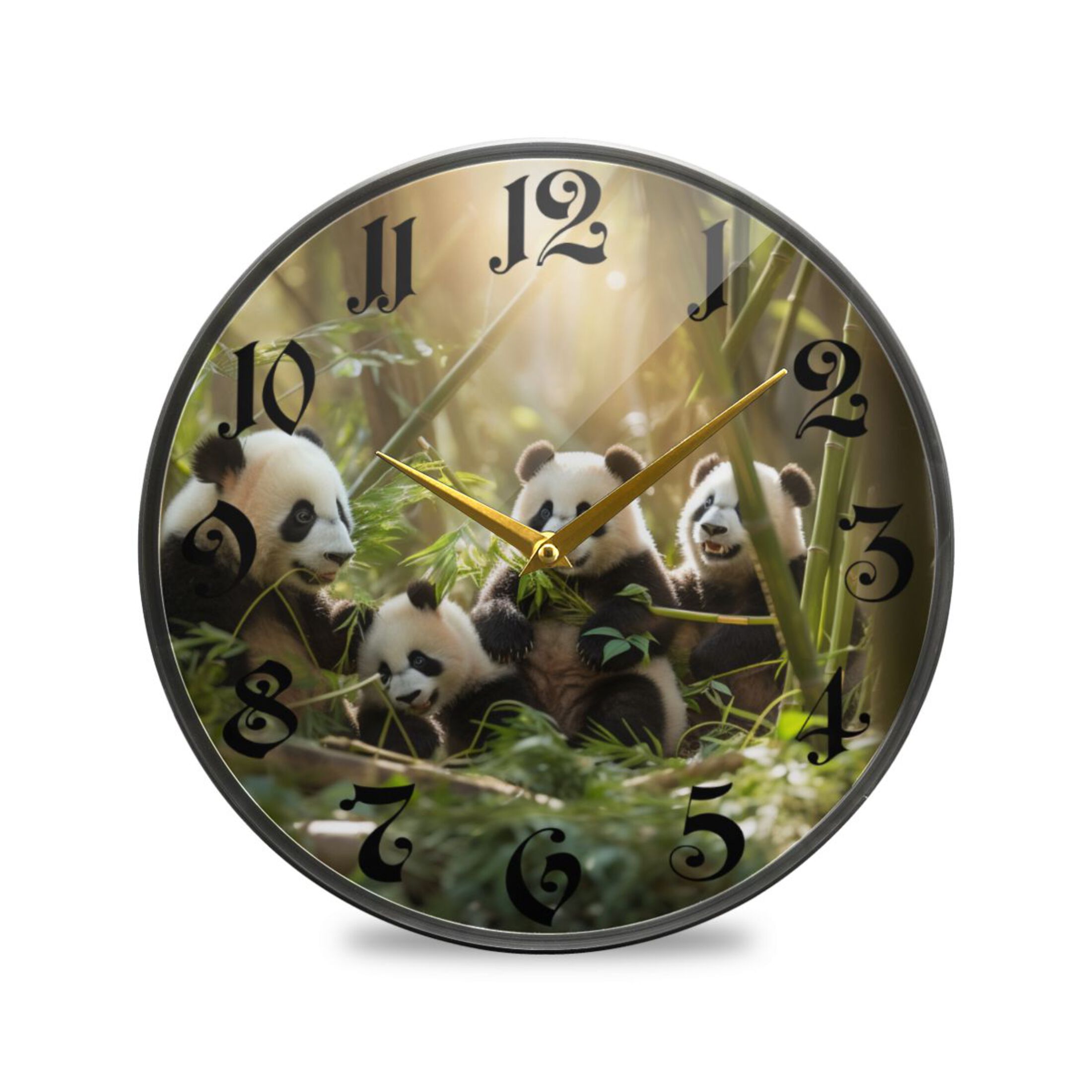 12" Round Silent Wall Clocks Pandas on Forest Acrylic Battery Operated ...