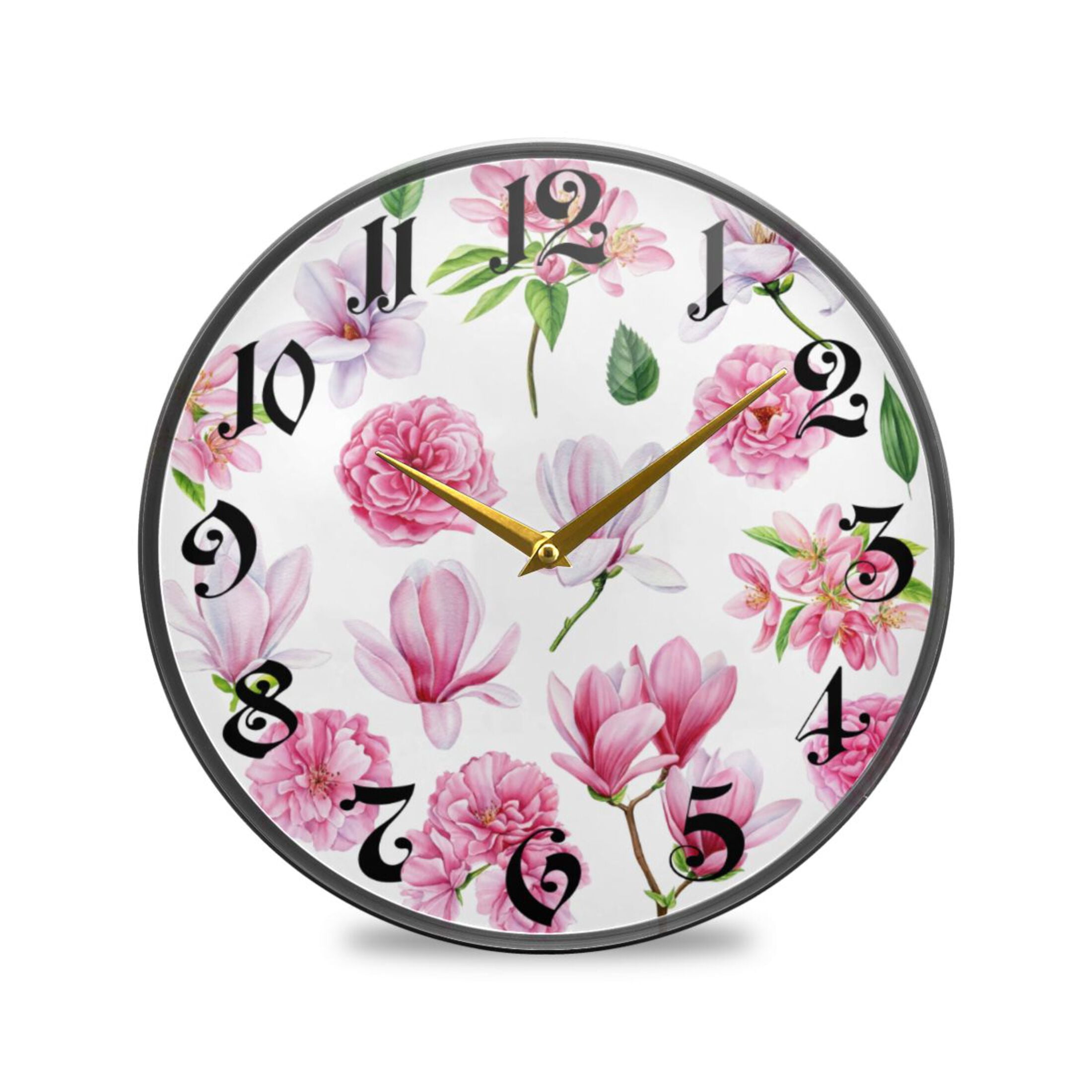 12" Round Silent Wall Clocks Peony Pink Flowers Acrylic Battery ...