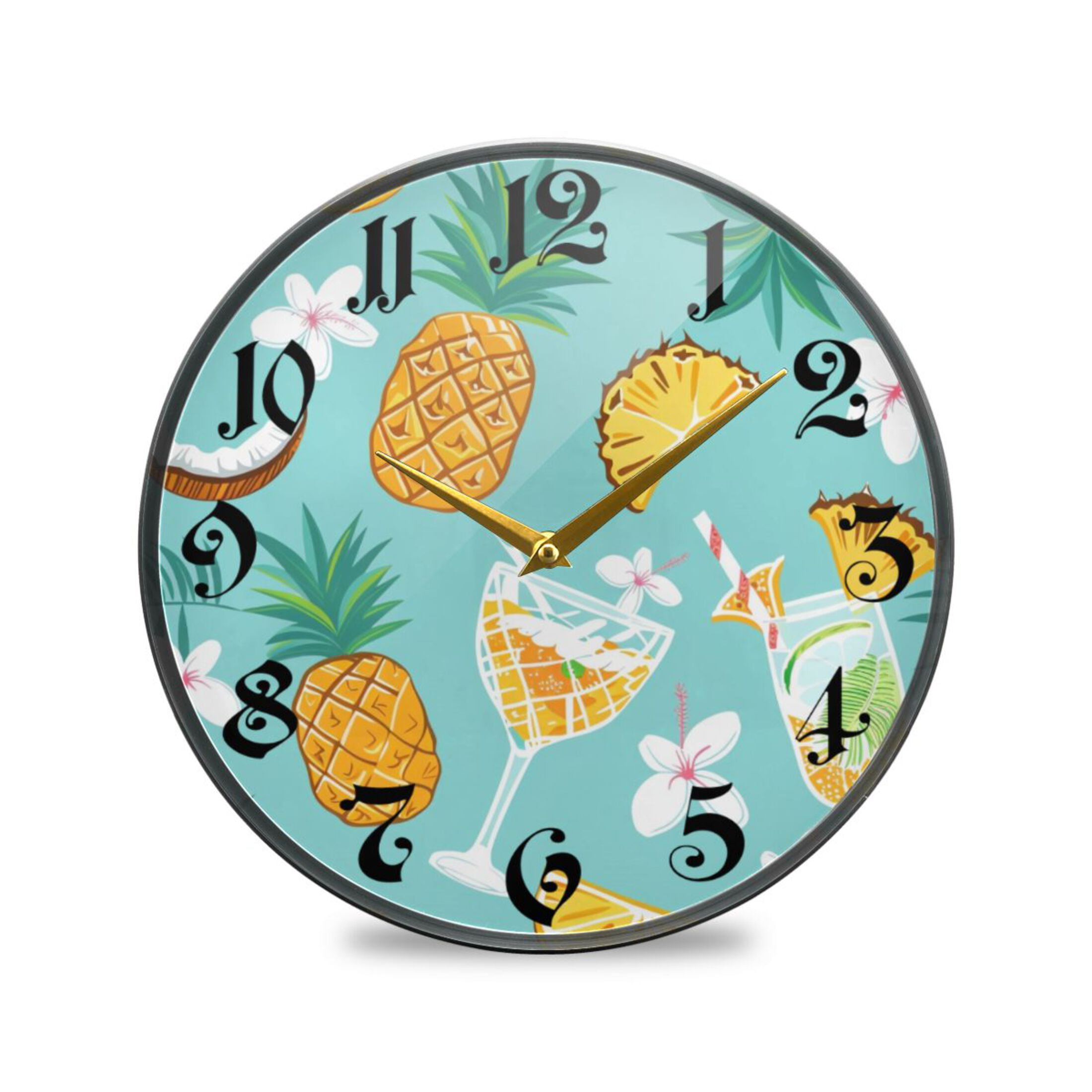 12" Round Silent Wall Clocks Pineapple Juice Floral Acrylic Battery ...