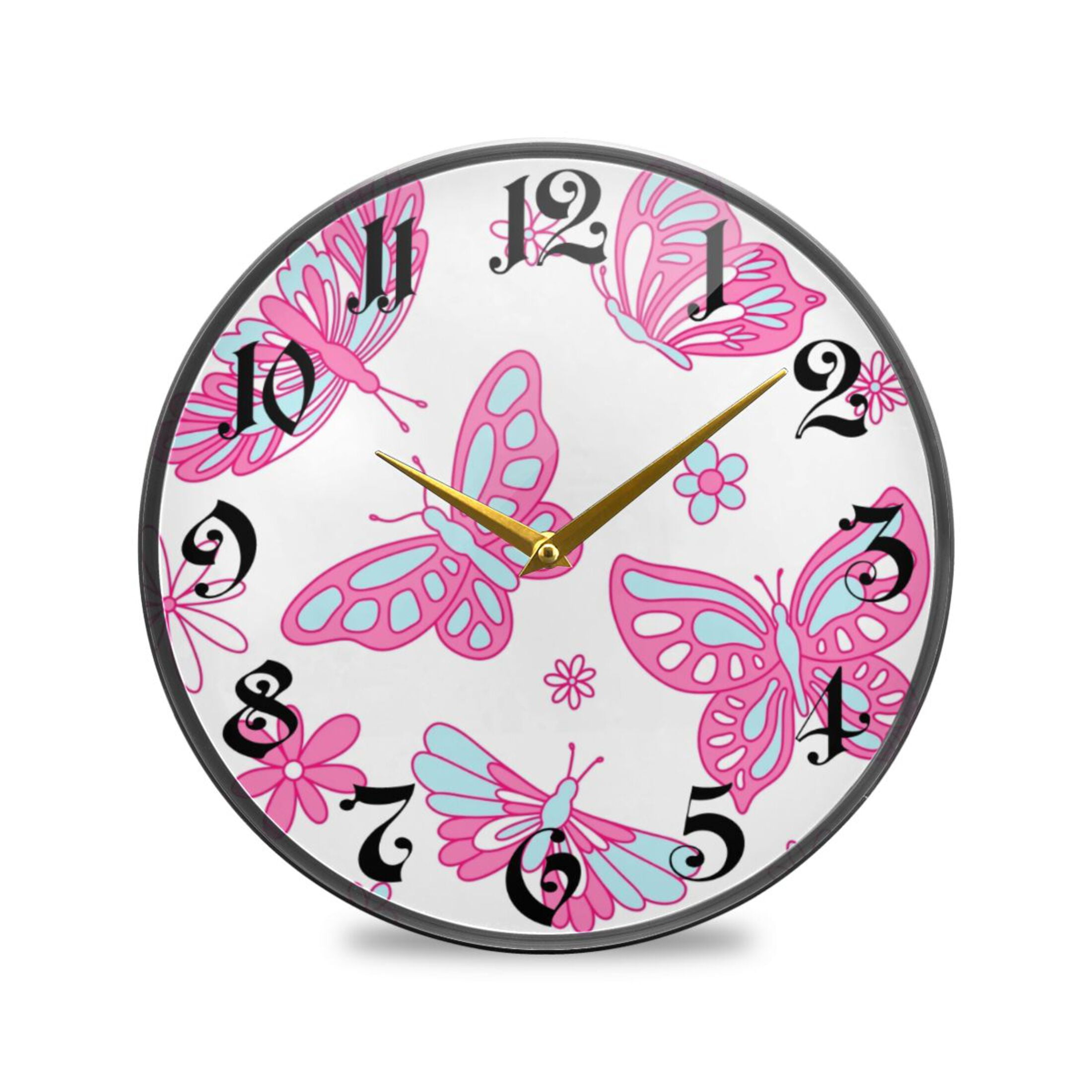 12" Round Silent Wall Clocks Pink Butterflies Acrylic Battery Operated ...