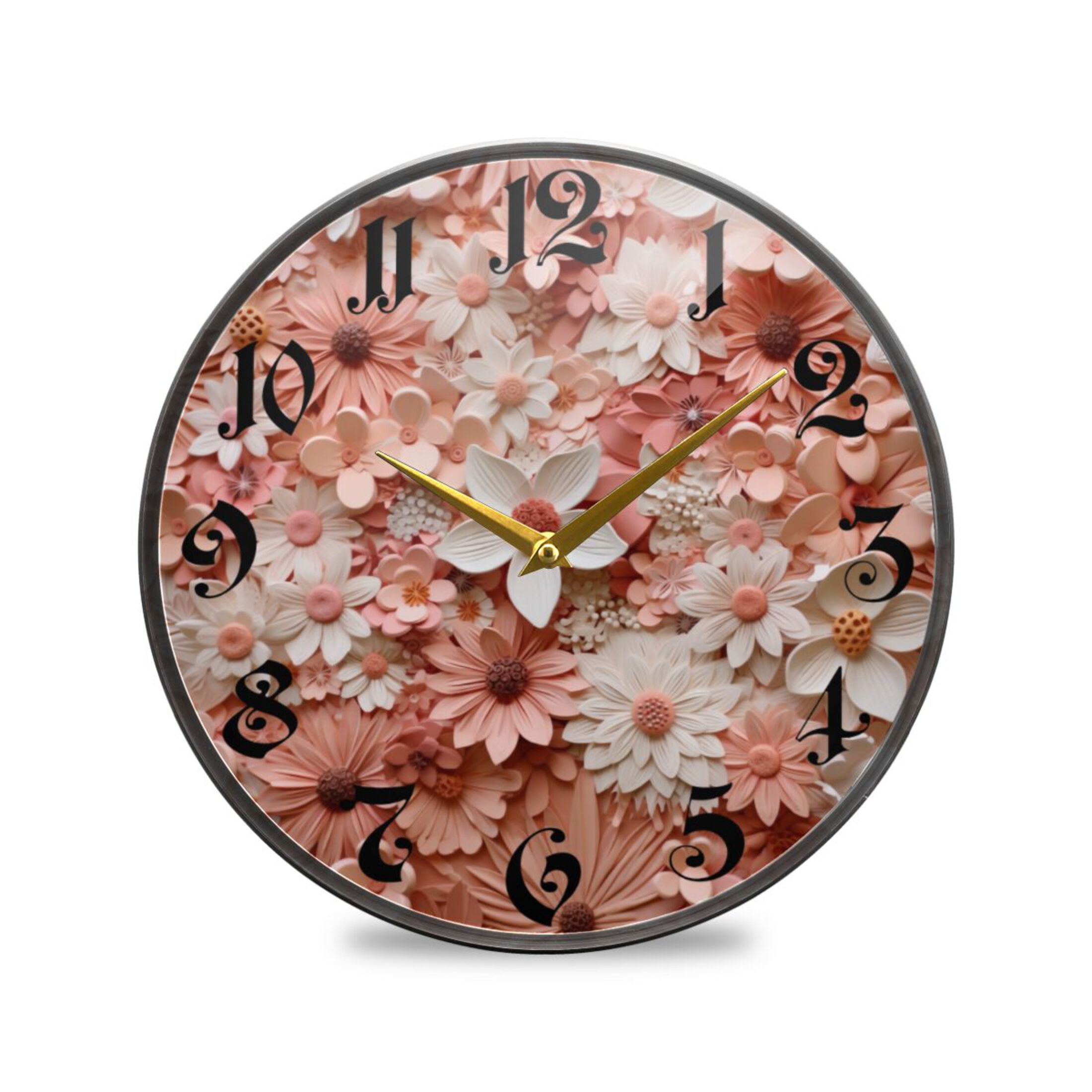 12" Round Silent Wall Clocks Pink Flowers Acrylic Battery Operated ...
