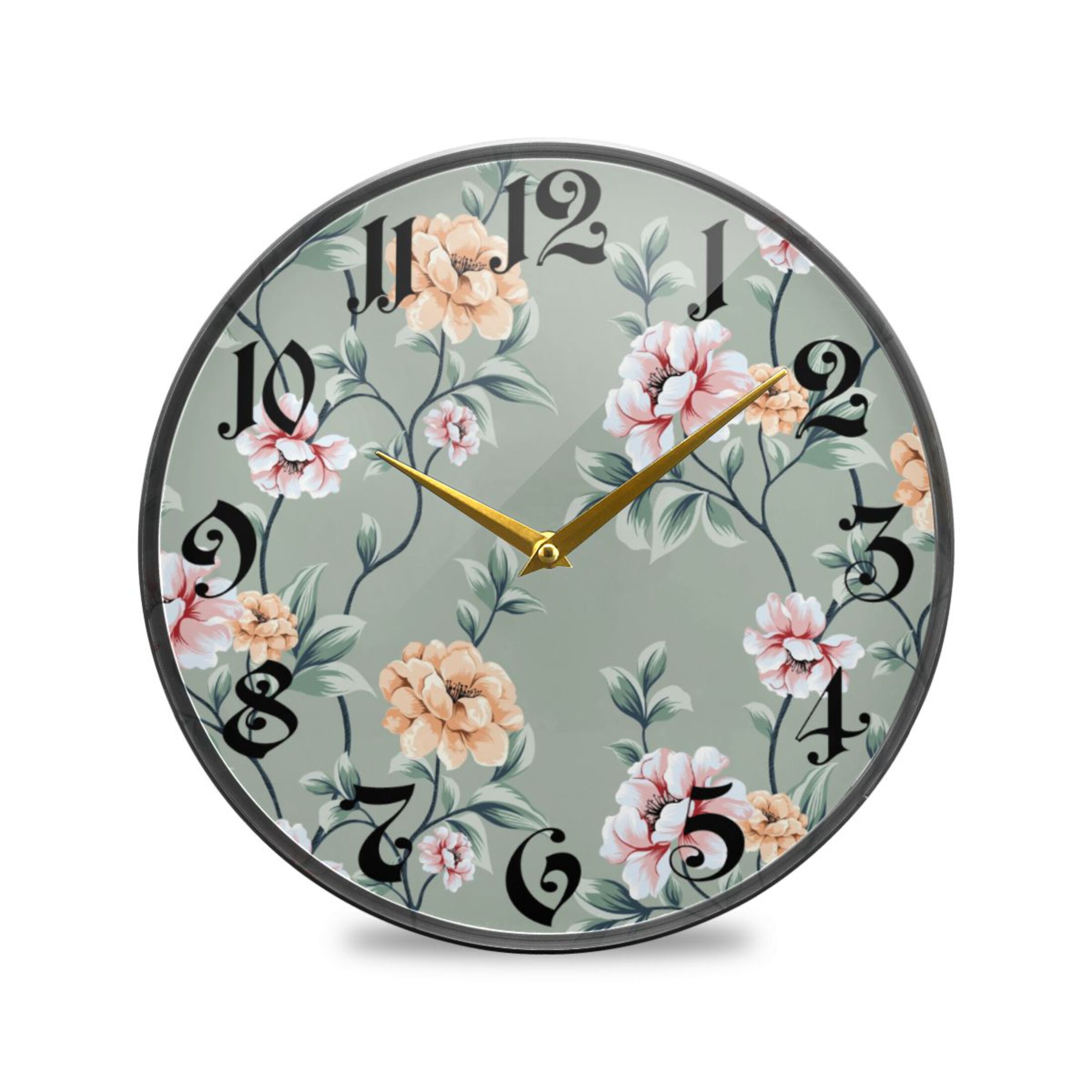 12" Round Silent Wall Clocks Pink Flowers with Green Leaves Acrylic ...