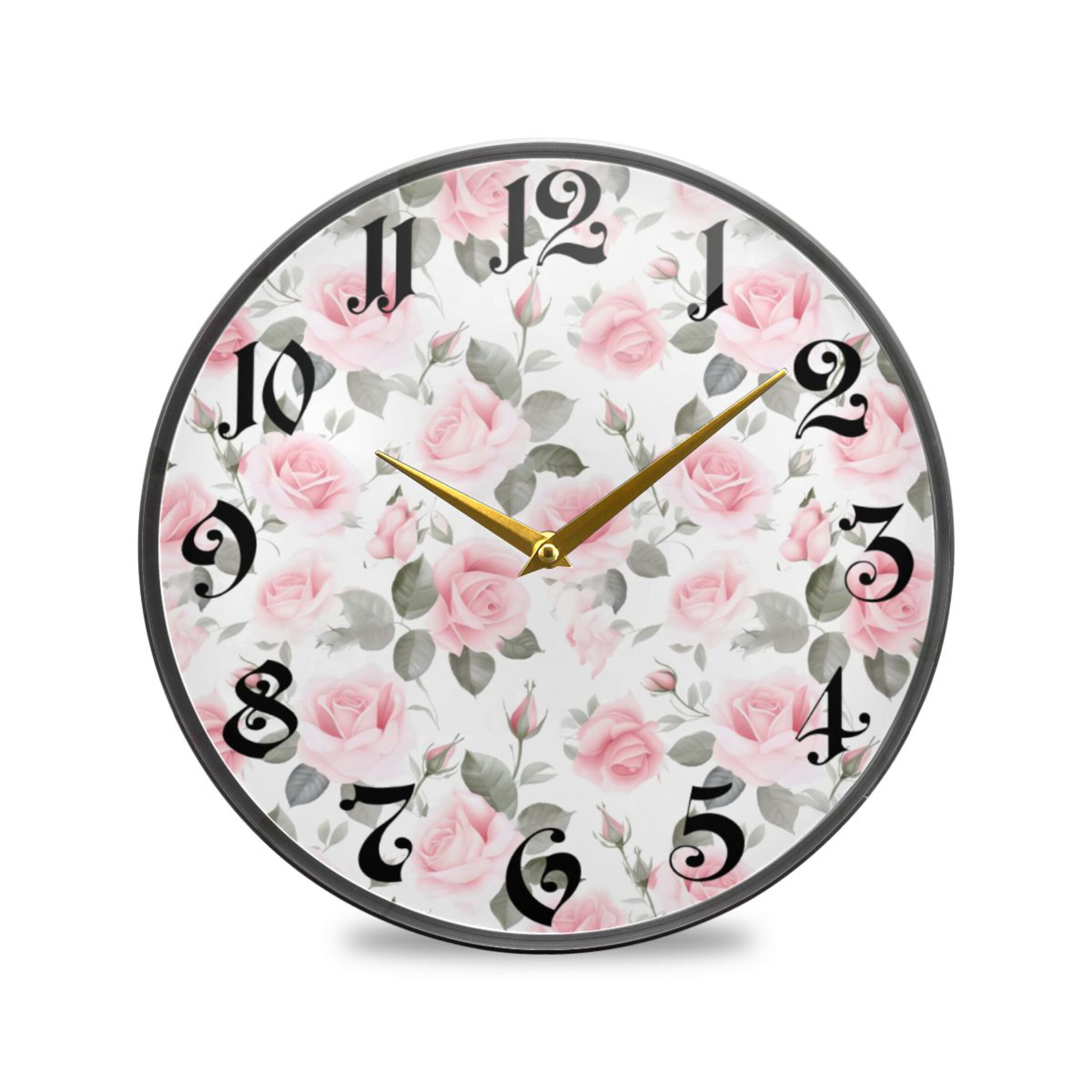 12" Round Silent Wall Clocks Pink Rose Flowers Acrylic Battery Operated ...