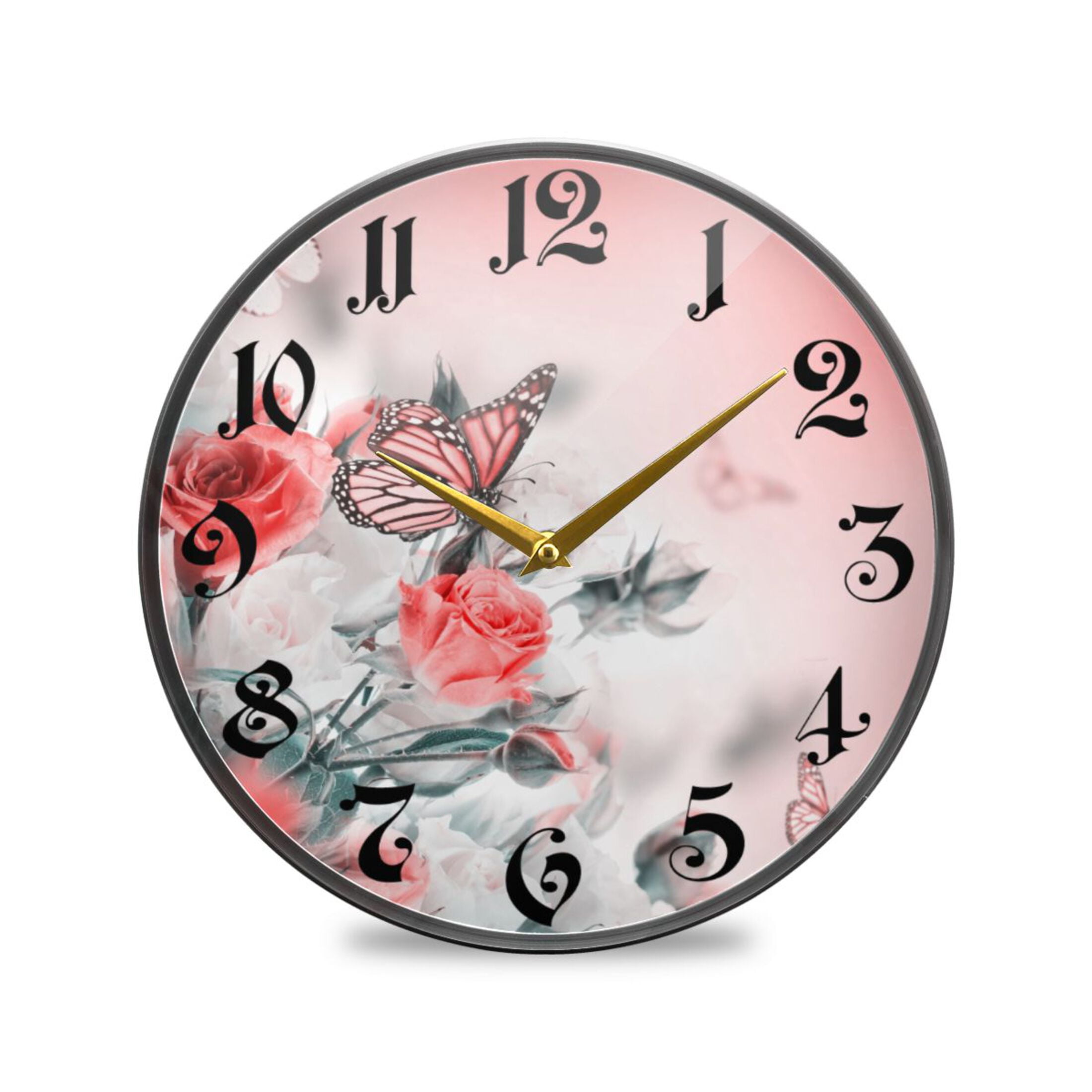 12" Round Silent Wall Clocks Pink Roses Flowers with Butterfly Acrylic ...