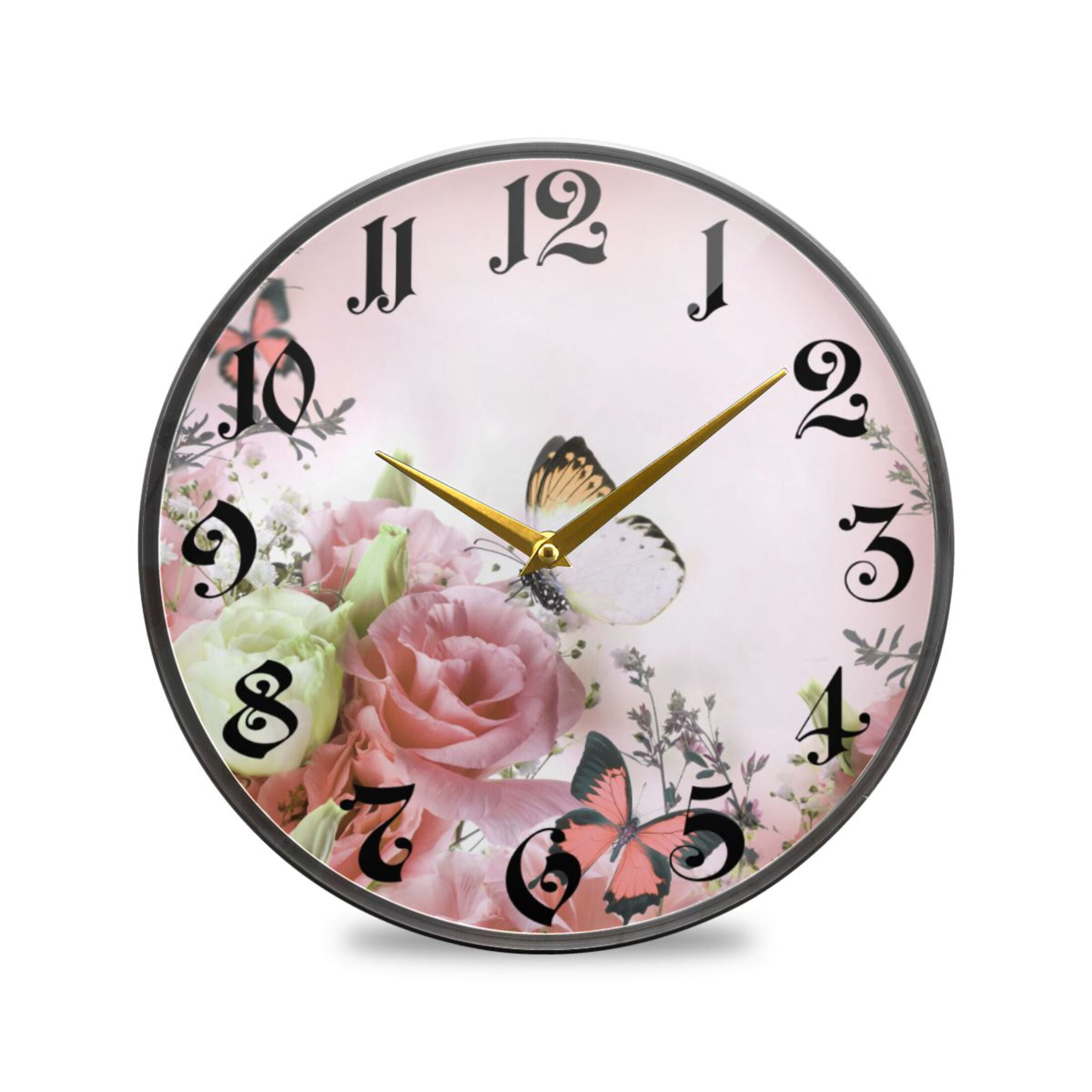 12" Round Silent Wall Clocks Pink Roses and Butterfly Acrylic Battery ...