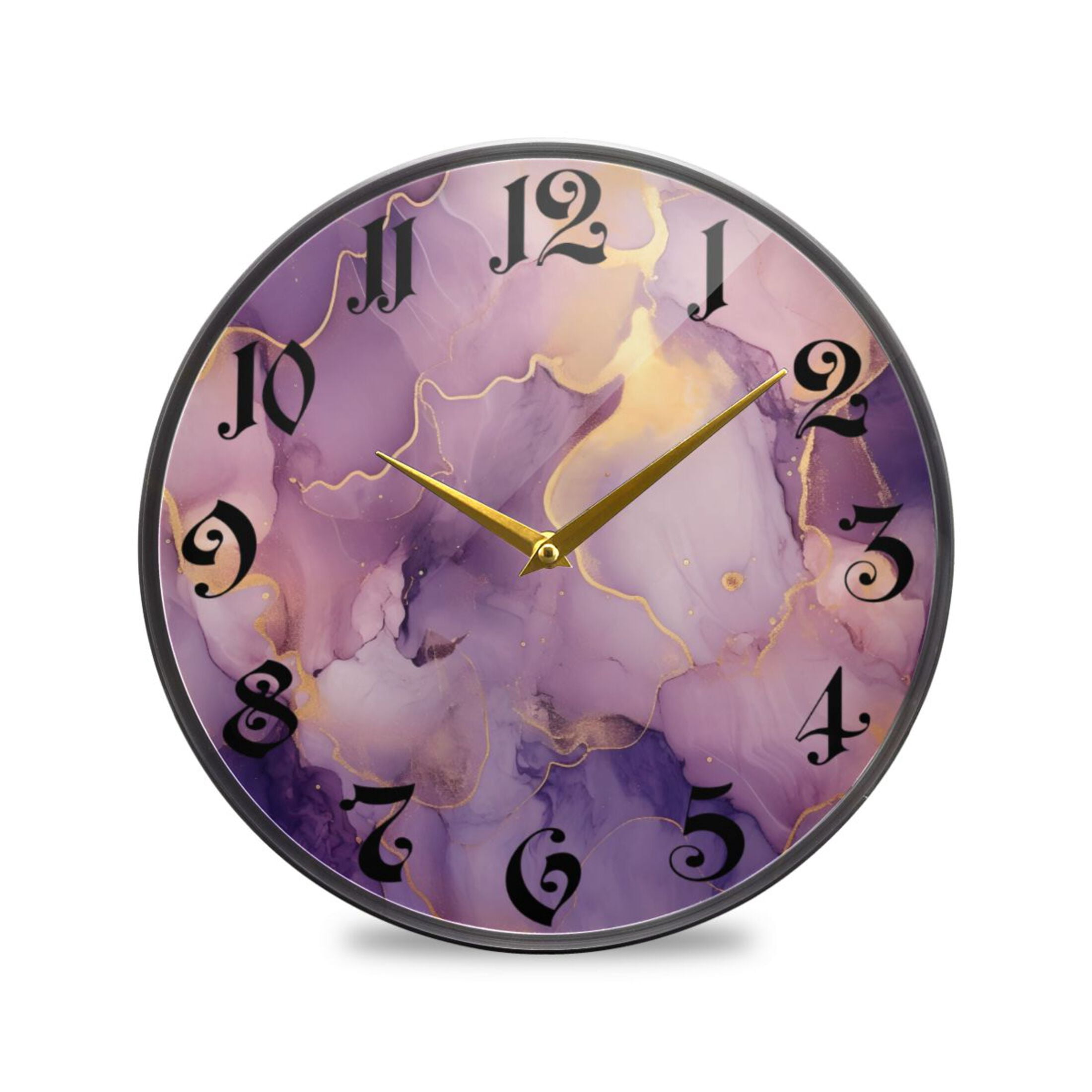 12" Round Silent Wall Clocks Purple and Gold Marble Acrylic Battery ...