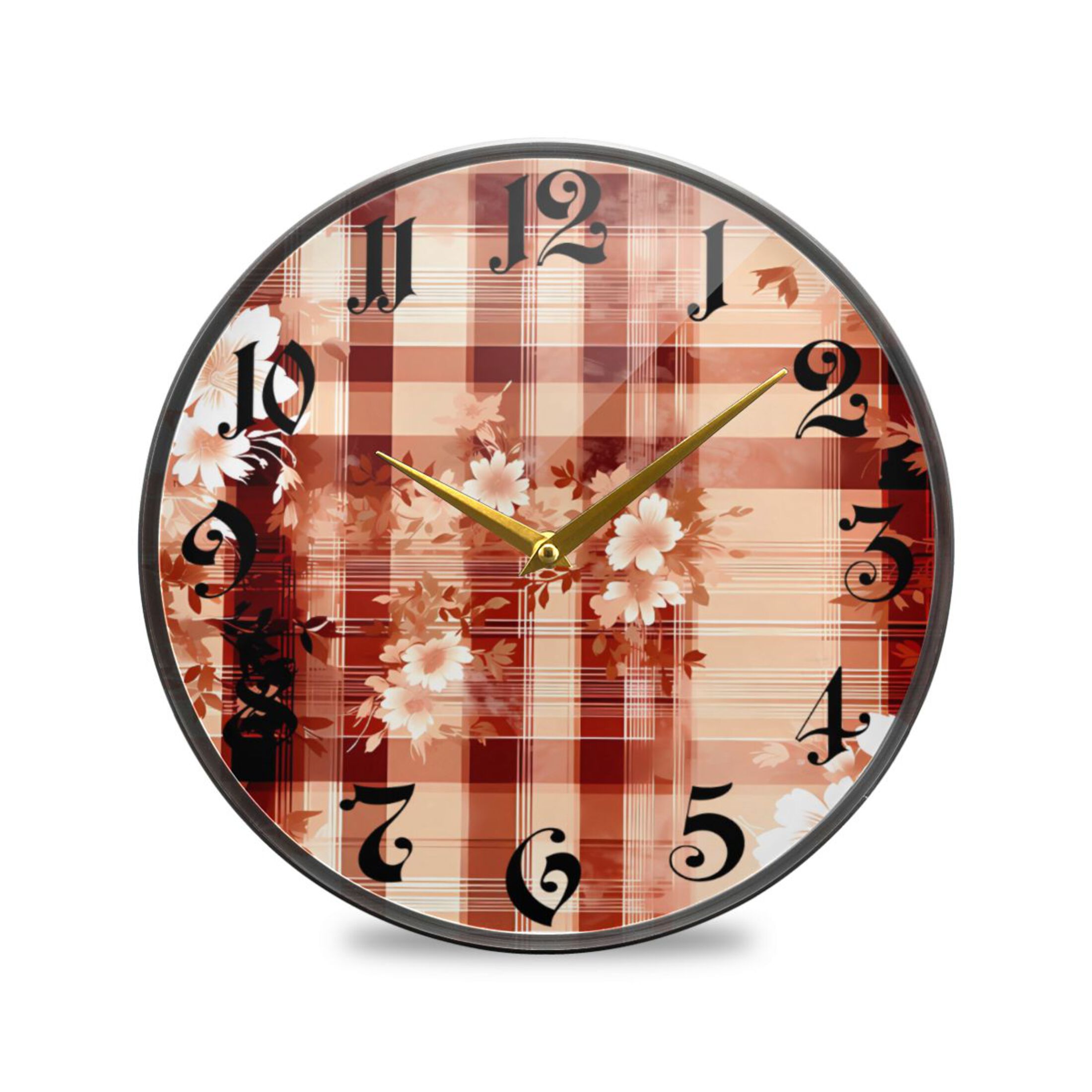 12" Round Silent Wall Clocks Retro Flowers and Grid Acrylic Battery Operated Clock Non-Ticking ...