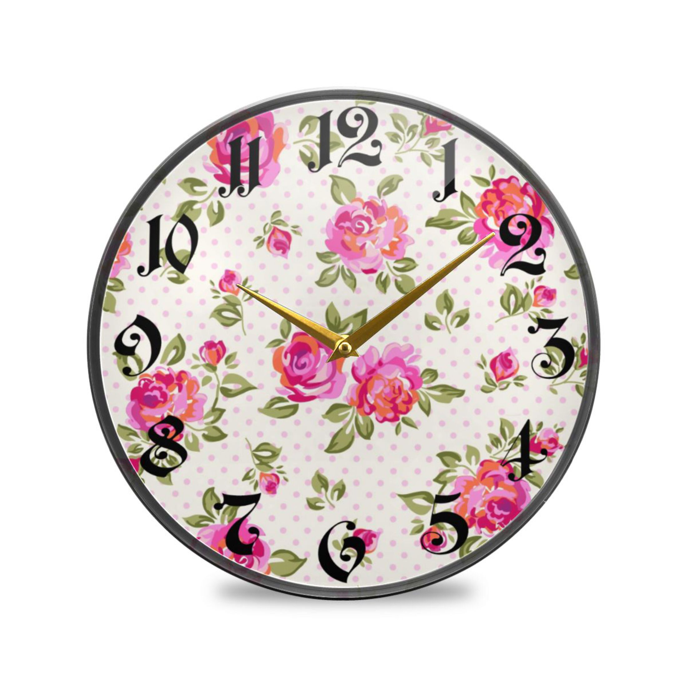 12" Round Silent Wall Clocks Rose Flower and Polka Dots Acrylic Battery ...