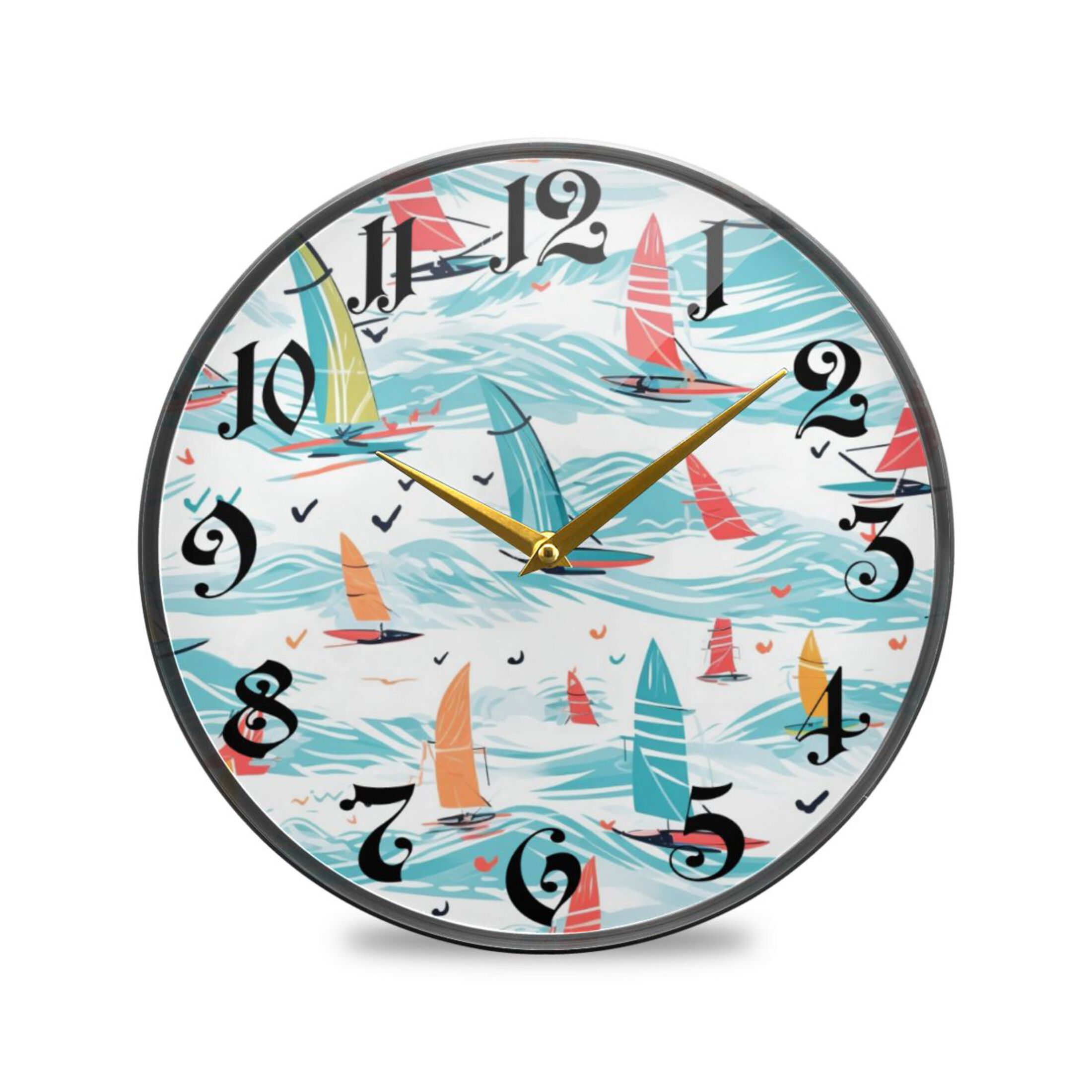 12" Round Silent Wall Clocks Sailboat on Sea Acrylic Battery Operated ...