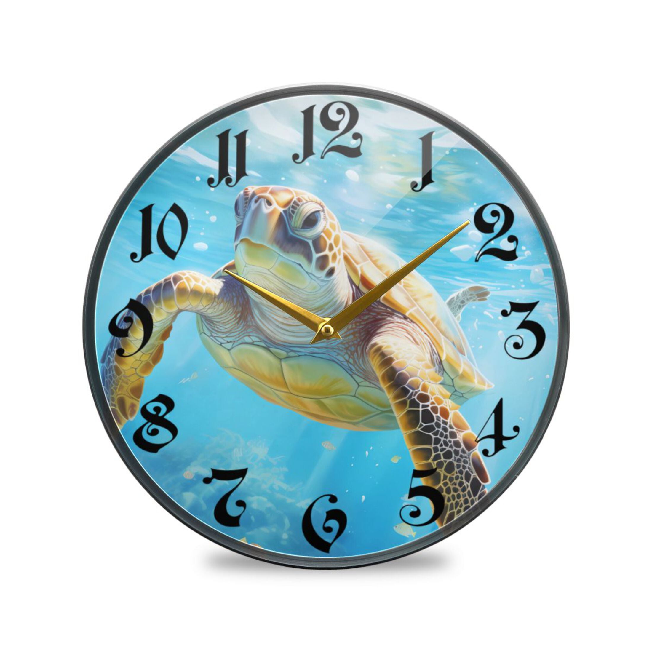 12" Round Silent Wall Clocks Sea Turtle in Sea Swimming Acrylic Battery ...