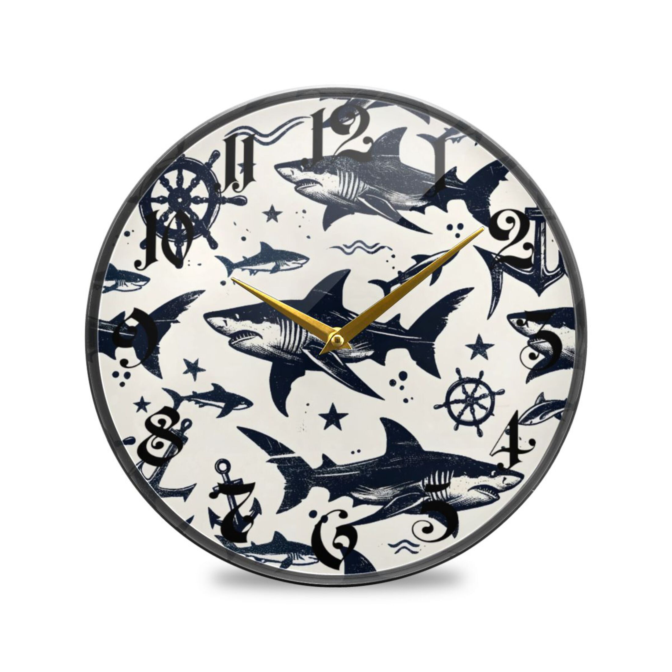 12" Round Silent Wall Clocks Seamless Sketch Shark Pattern Acrylic ...