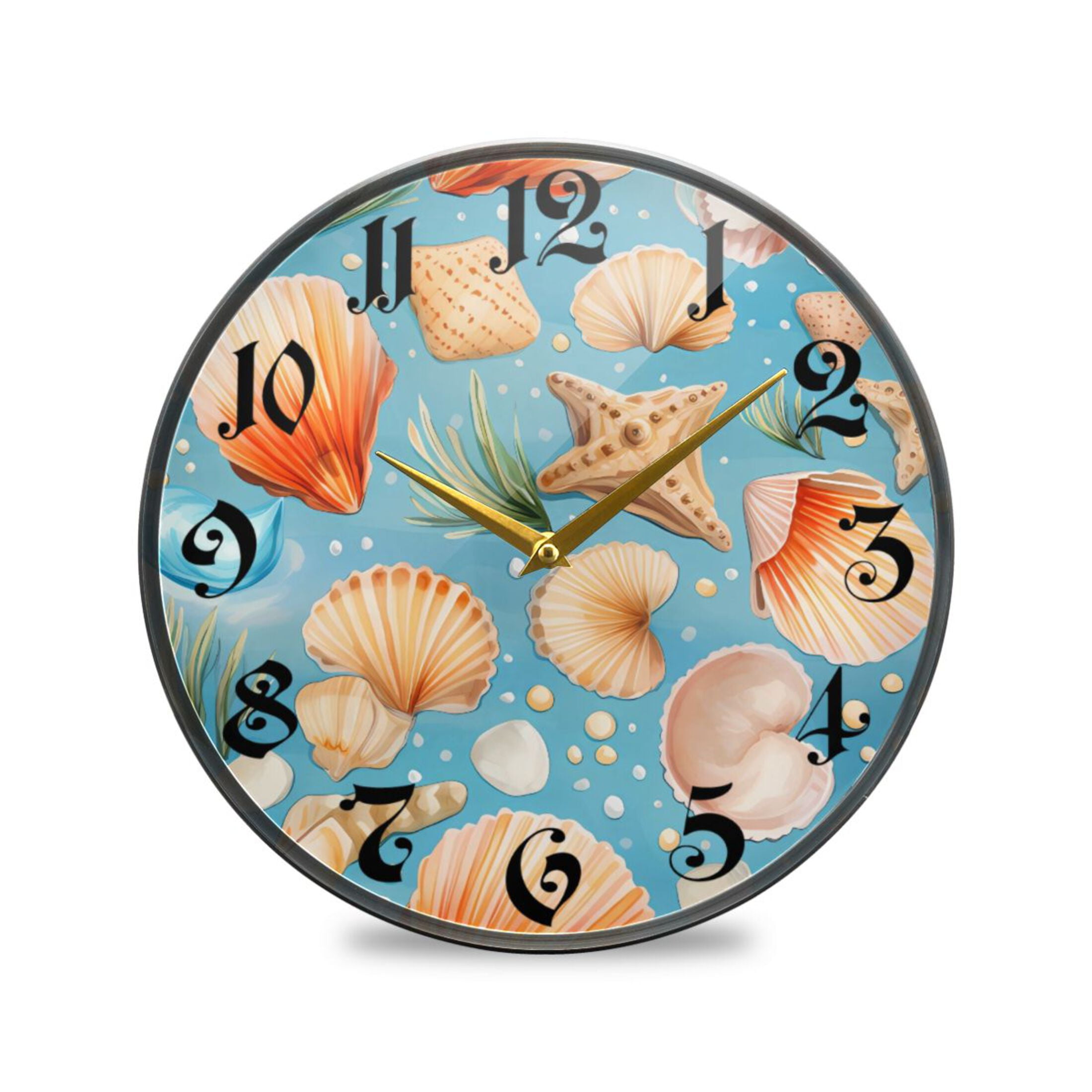12" Round Silent Wall Clocks Seashell and Seastars Acrylic Battery Operated Clock Non-Ticking ...