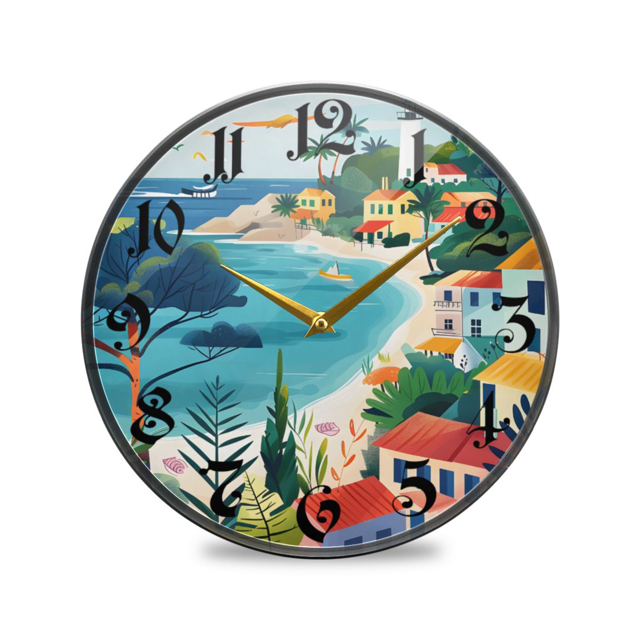 12" Round Silent Wall Clocks Seaside Landscape Acrylic Battery Operated ...