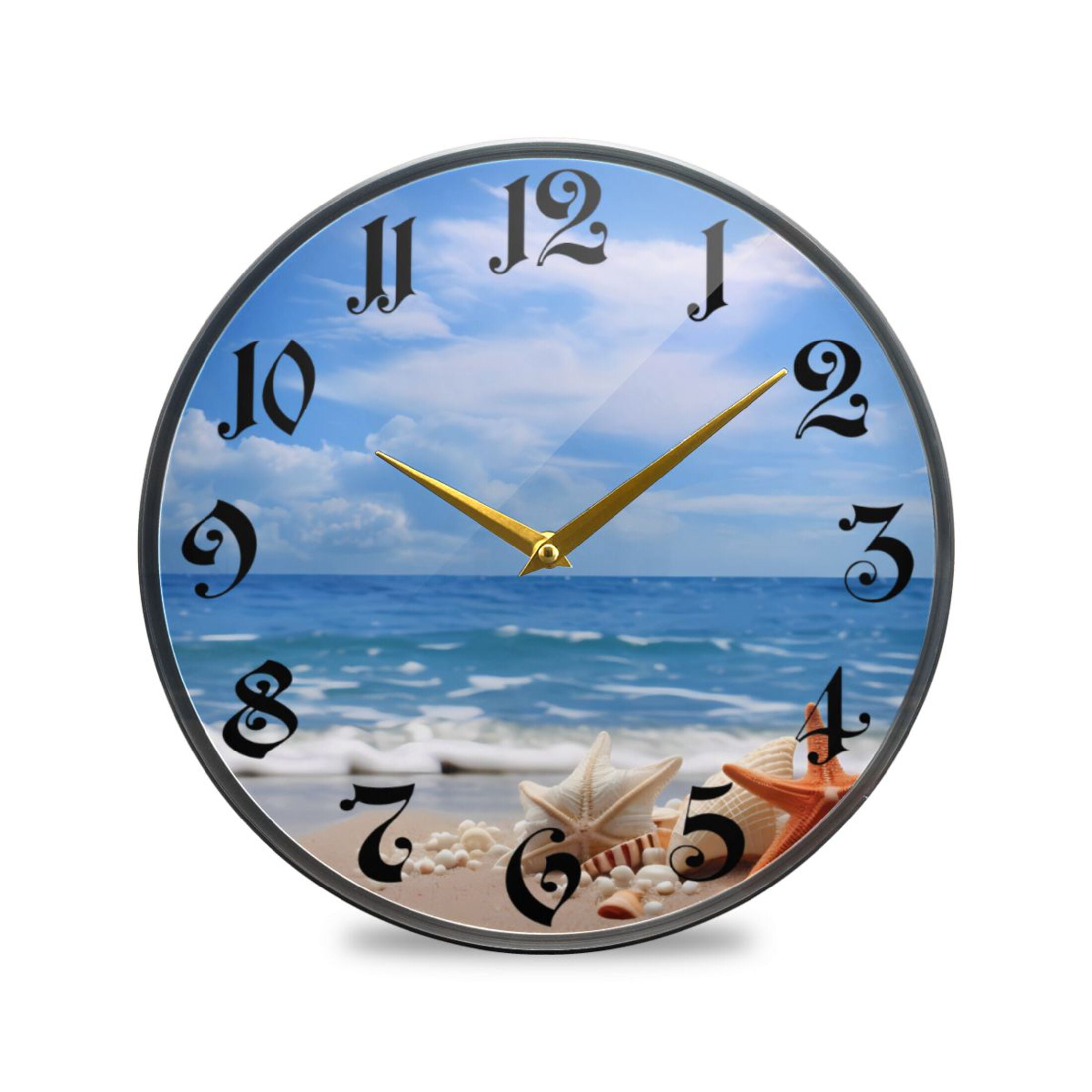 12" Round Silent Wall Clocks Seastar Conch on Beach Acrylic Battery ...