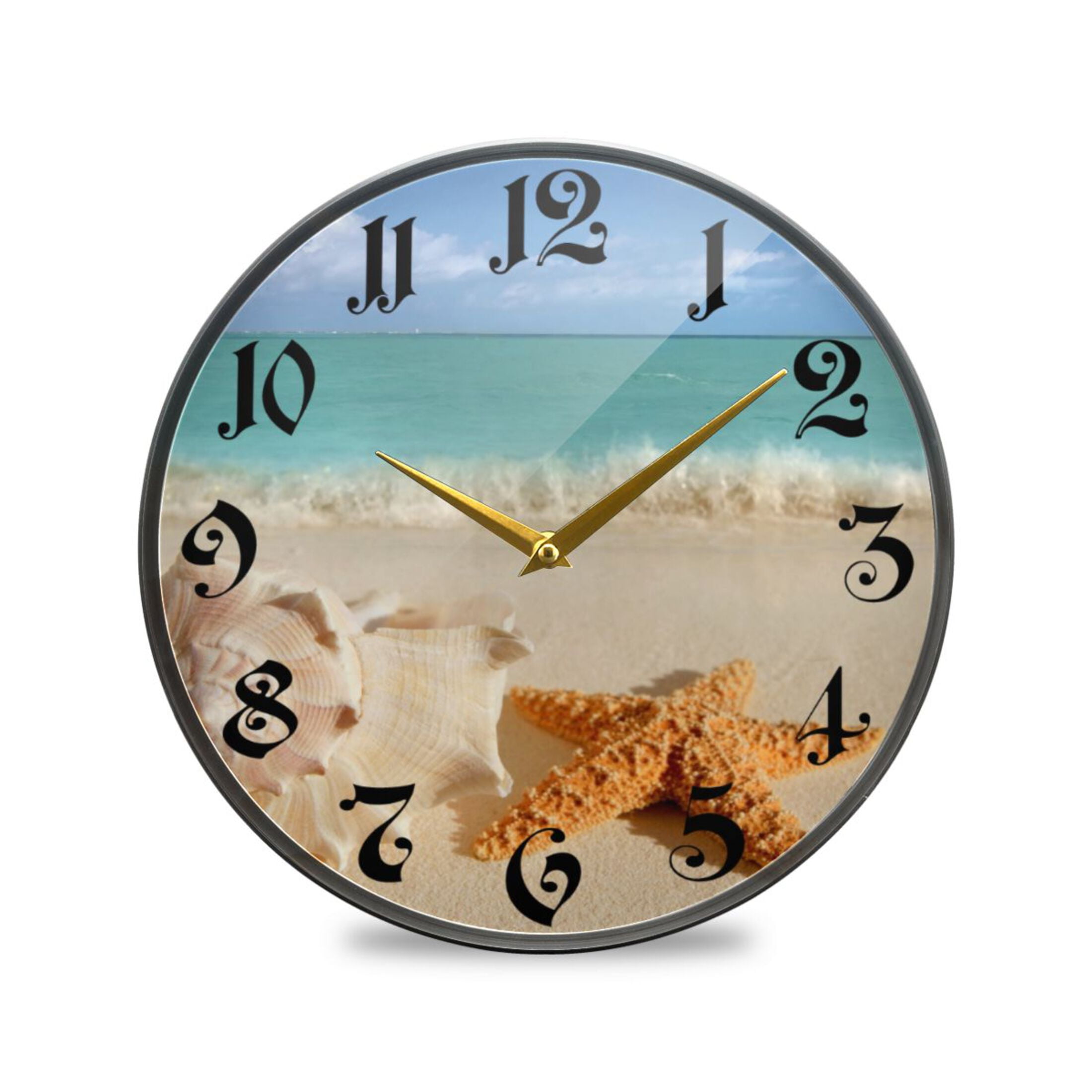 12" Round Silent Wall Clocks Seastar on Beach Acrylic Battery Operated ...