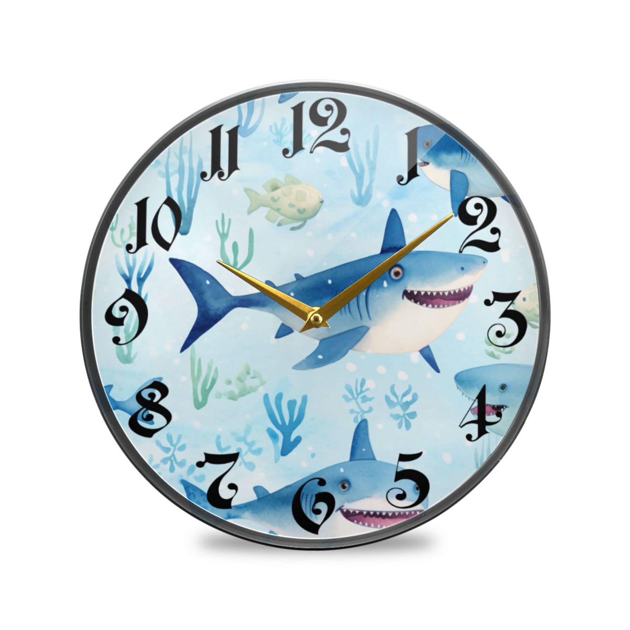 12" Round Silent Wall Clocks Shark and Fish Acrylic Battery Operated ...
