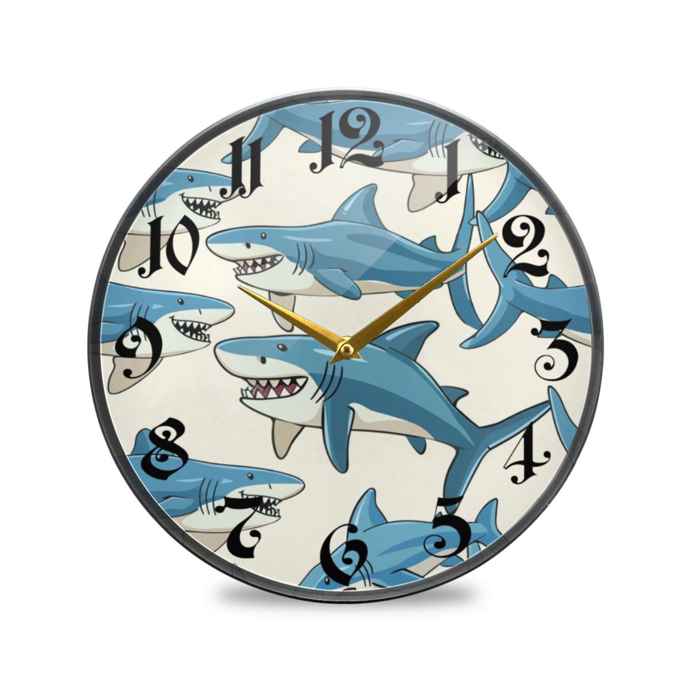 12" Round Silent Wall Clocks Shark on Beige Acrylic Battery Operated ...