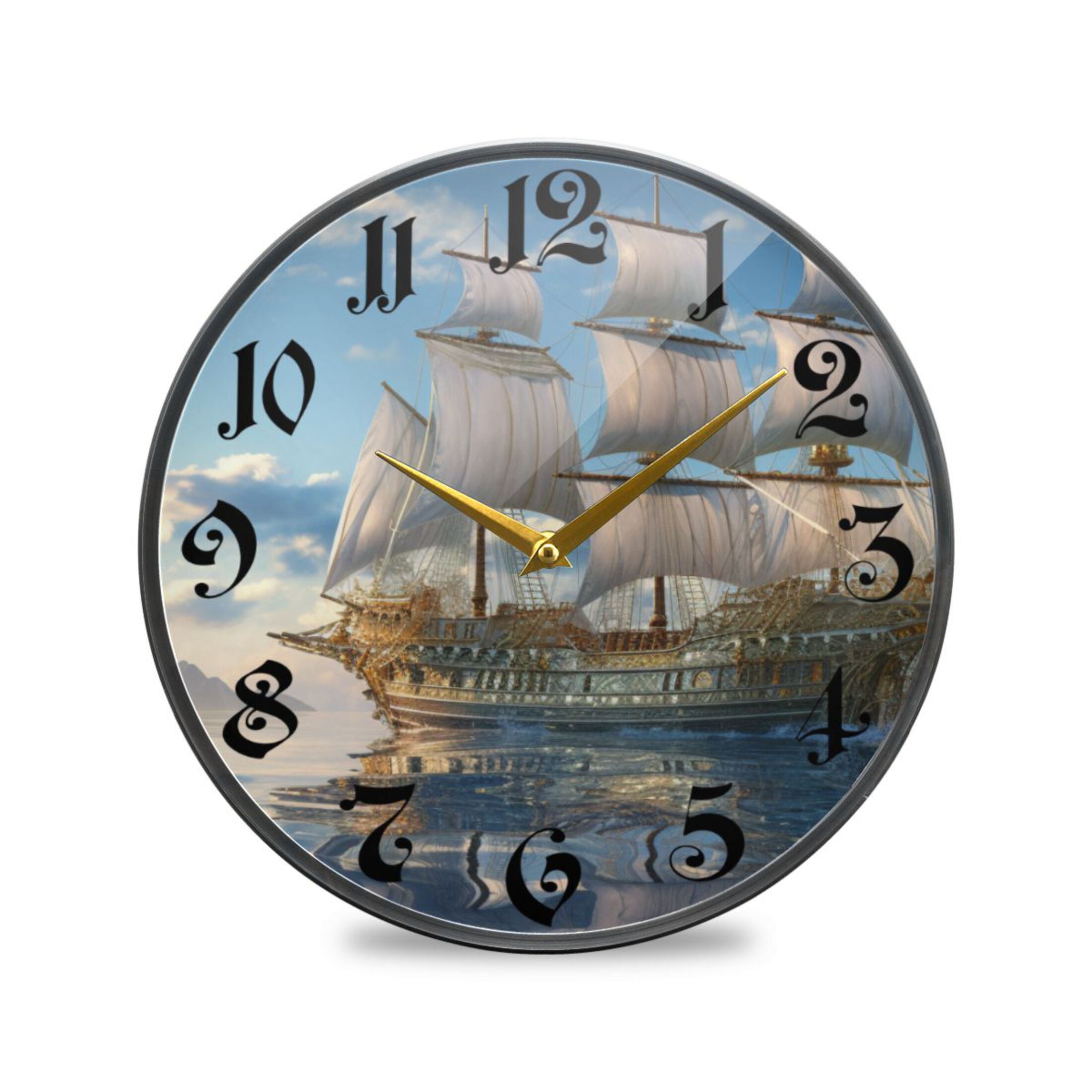 12" Round Silent Wall Clocks Ship on Sea Acrylic Battery Operated Clock ...