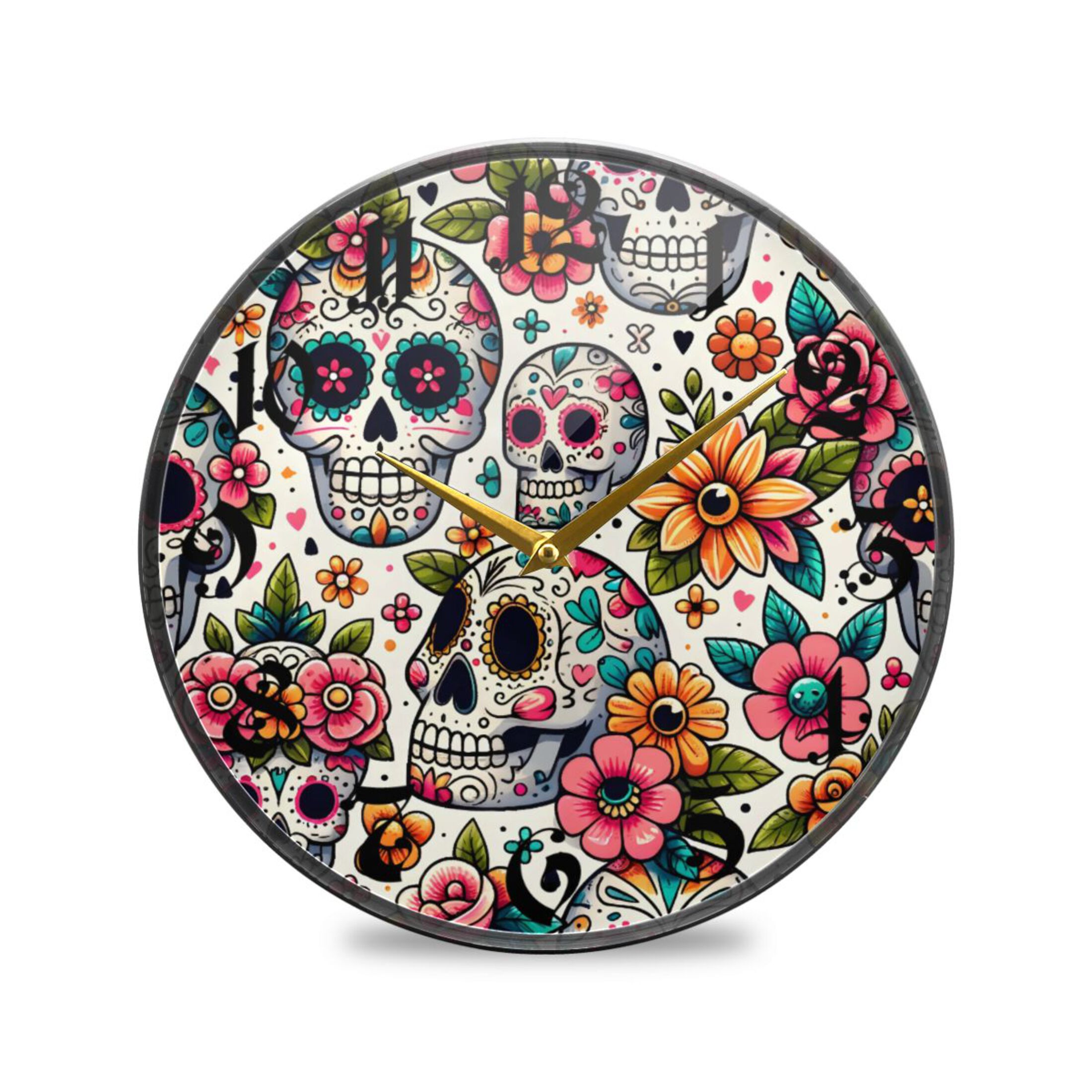 12" Round Silent Wall Clocks Skull Skeletons and Flowers Acrylic ...