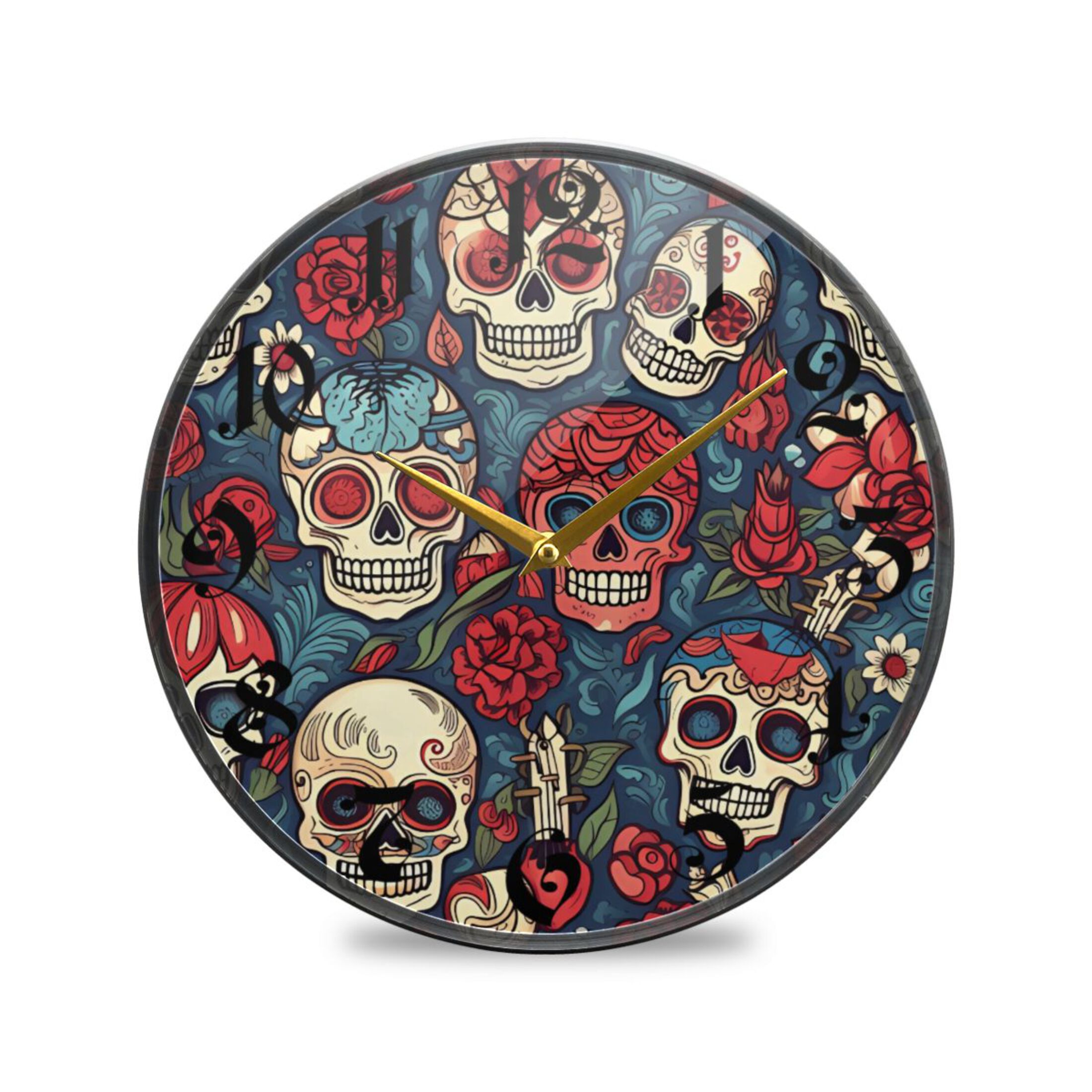 12" Round Silent Wall Clocks Skulls and Roses Flowers Acrylic Battery ...