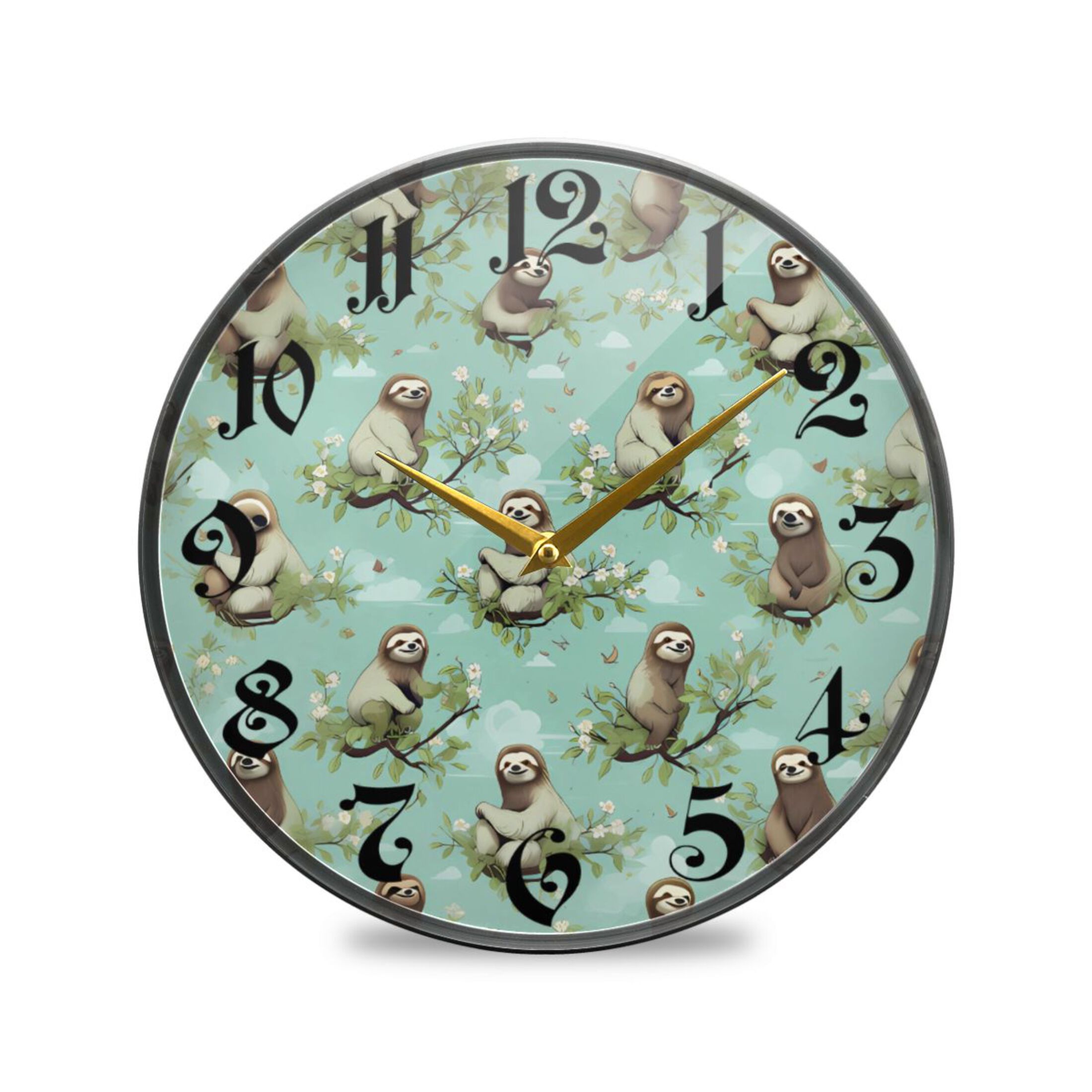 12" Round Silent Wall Clocks Sloth with Leaves Acrylic Battery Operated ...